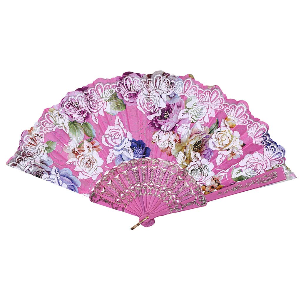 Hand Fans Folding fan Pattern Hand Fan Silk Bamboo Folding Hand Folded For Church Wedding dance party colorful Lace Silk Folding Handmade (Color : D)