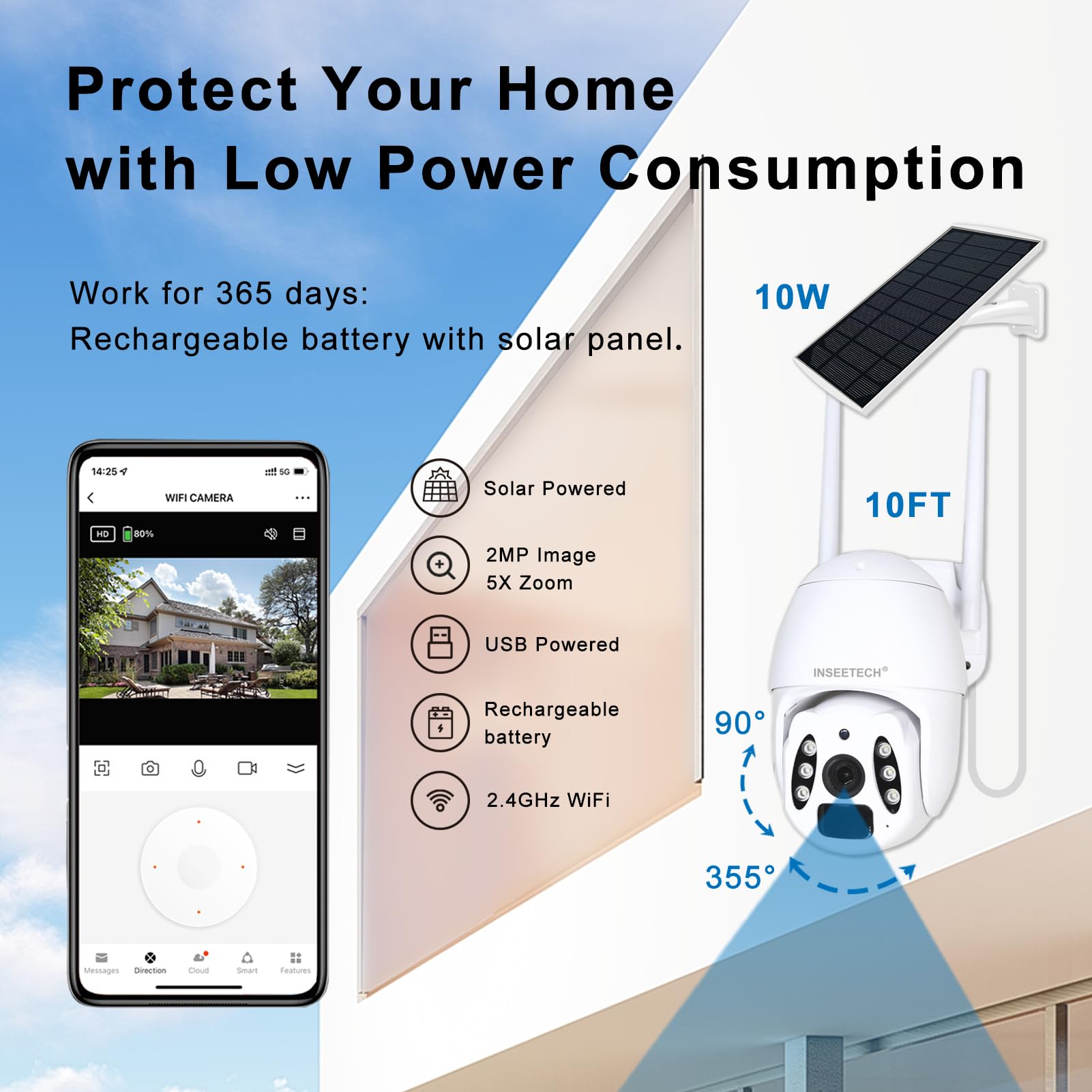 INSEETECH Solar Security Camera Wireless Outdoor, Tuya Pan Tilt Solar Powered WiFi Camera for Home Security, 2MP 98FT Night Vision, Motion Detection, Waterproof IP66 2 Way Audio, Two Installation