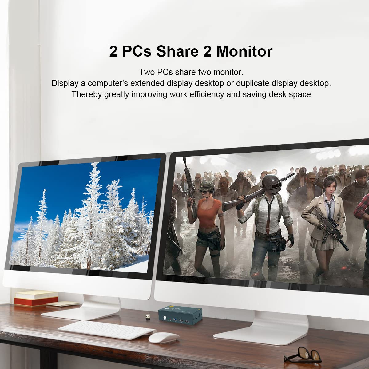KVM Switch DP Displayport Dual Monitor Extended Display 2 Port, USB3.0, UHD 4K@60Hz YUV4:4:4 Downward Compatible,with All Needed Cables