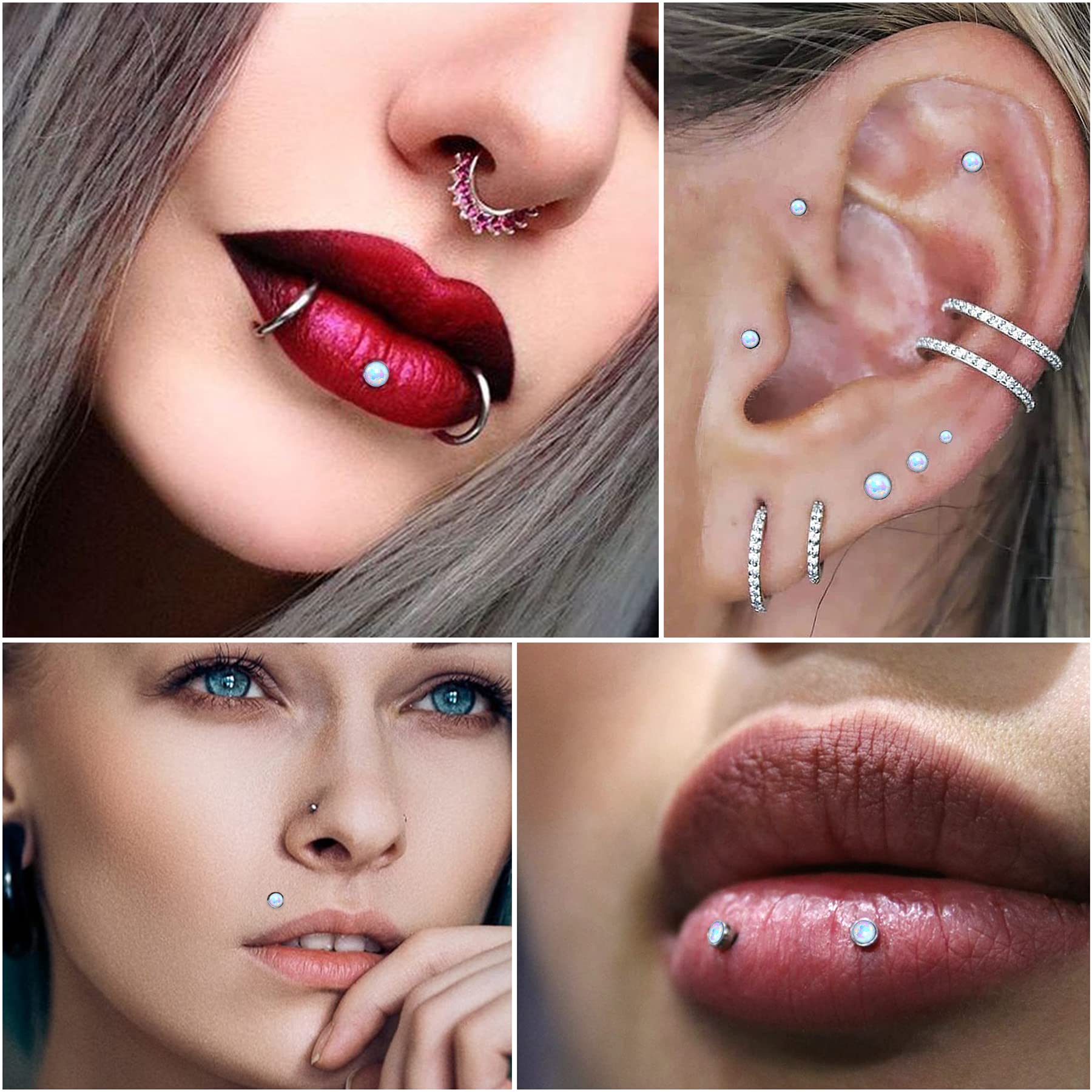 OUFER 16G Lip Rings Studs, G23 Solid Titanium Lip Piercings Studs, White Opal Cartilage Earrings, Labret Piercing Jewelry Helix Tragus Earrings For Women And Men