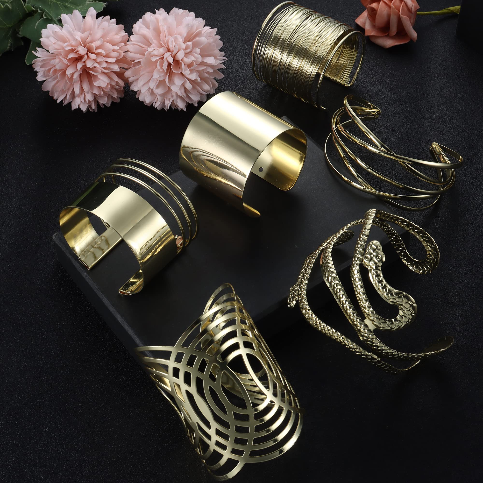 JeryWe 6 Pcs Upper Arm Cuff Jewelry for Women Armband Cuff Bangle Bracelet Set Adjustable Open Armlet Coil Wrap Bracelet Costume Jewelry Gold Silver Tone