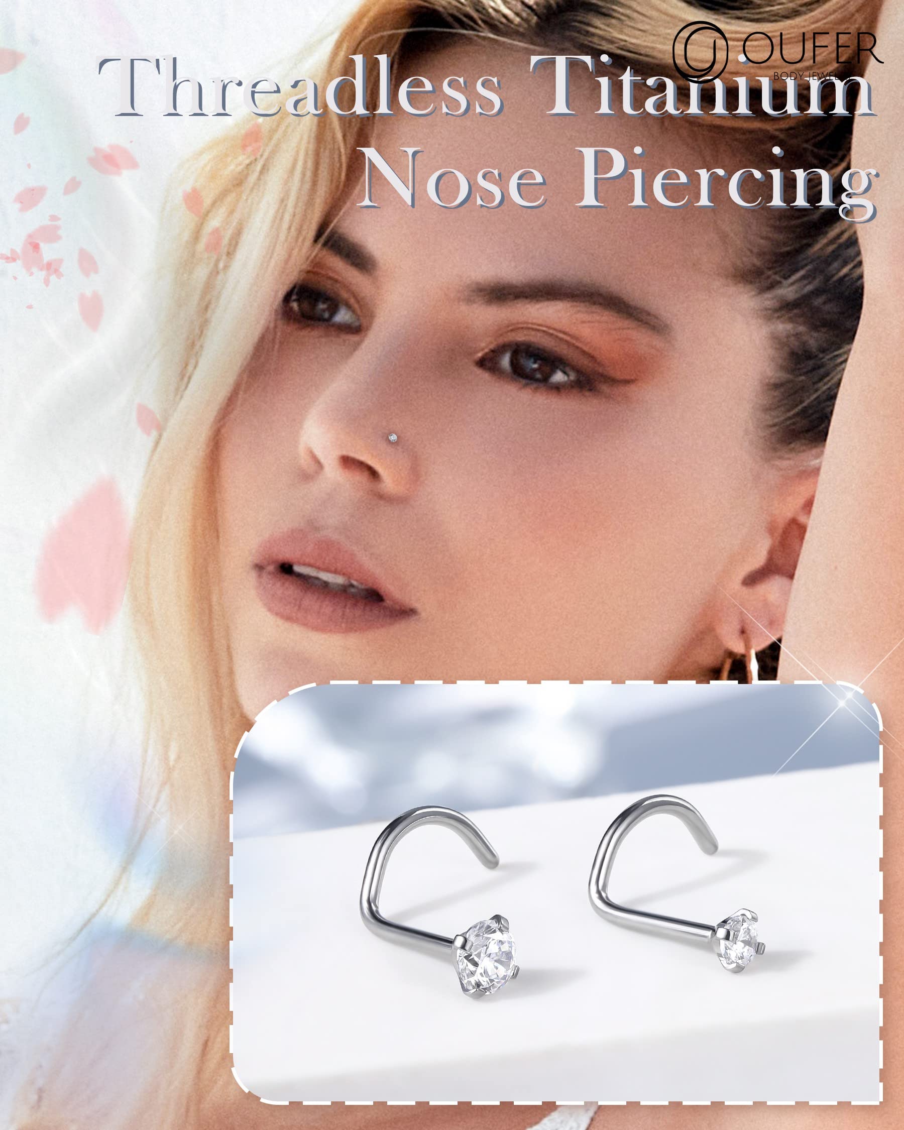 OUFER 20G Nose Screw Studs, G23 Solid Titanium Nose Studs, Round Clear CZ Paved Push-in Nose Rings, Nostril Piercing Jewelry for Women and Men-CZ 3MM