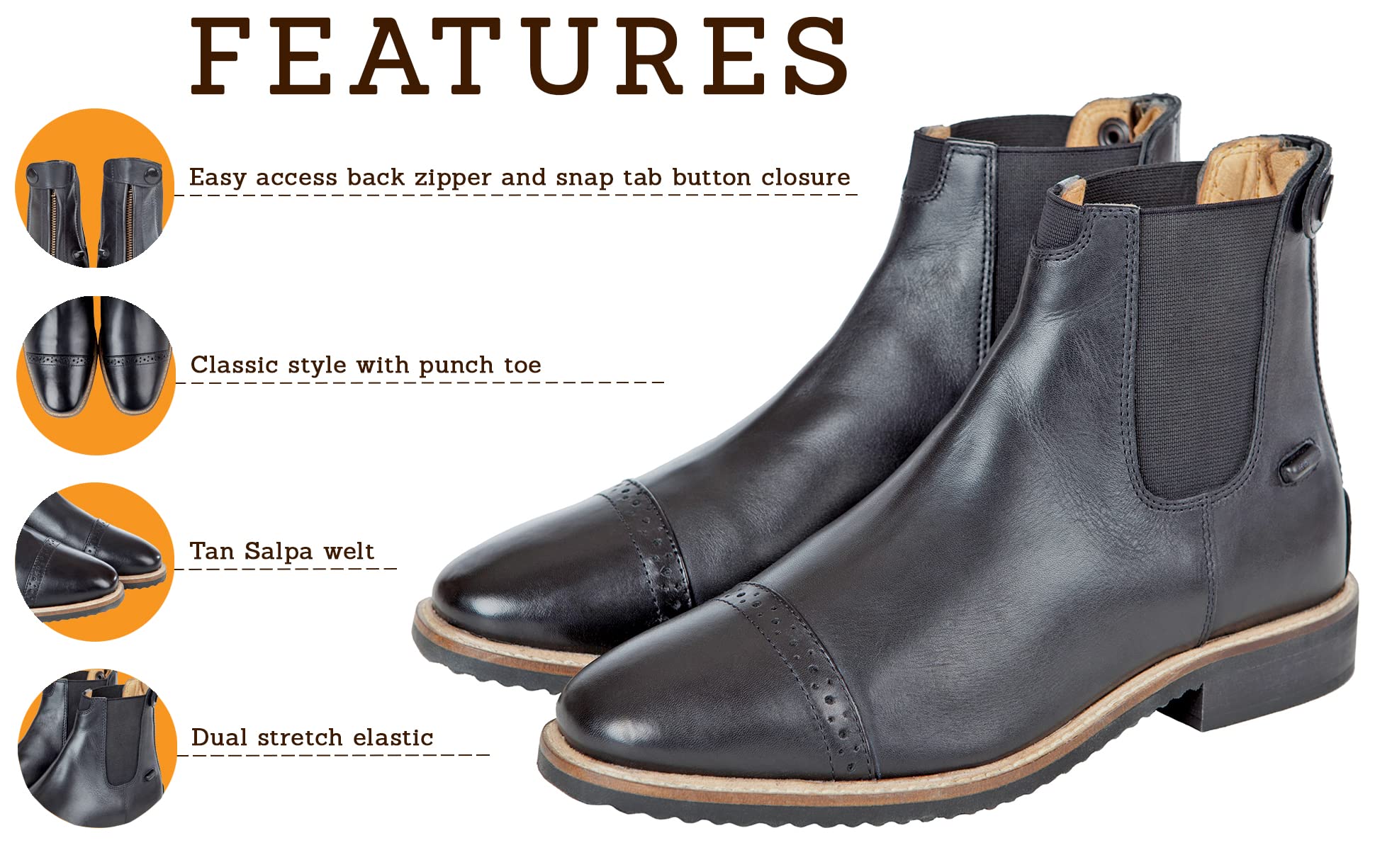 Huntley Equestrian Ladies Paddock Boot Premium European Leather With Classic Italian Burnish Finish YKK Zipper, Black, 10