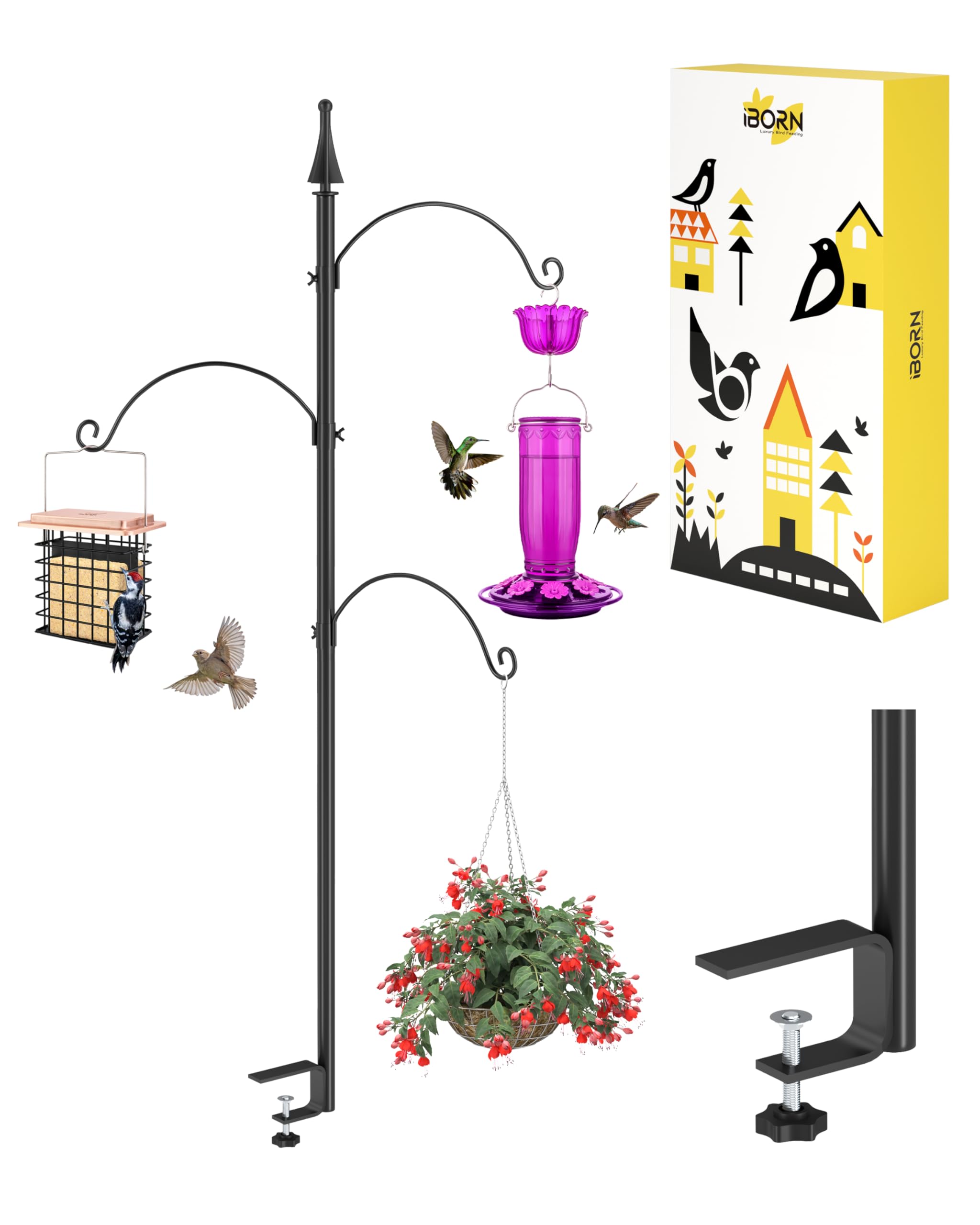iBorn Shepherds Hooks for Outdoor Clamp On Deck Hook for Bird Feeder 45 Inch Bird Feeder Hangers for Deck Railing Humming Bird Feeders Hanging Tri-Hooks 2024 New (Feeders are Not Included)