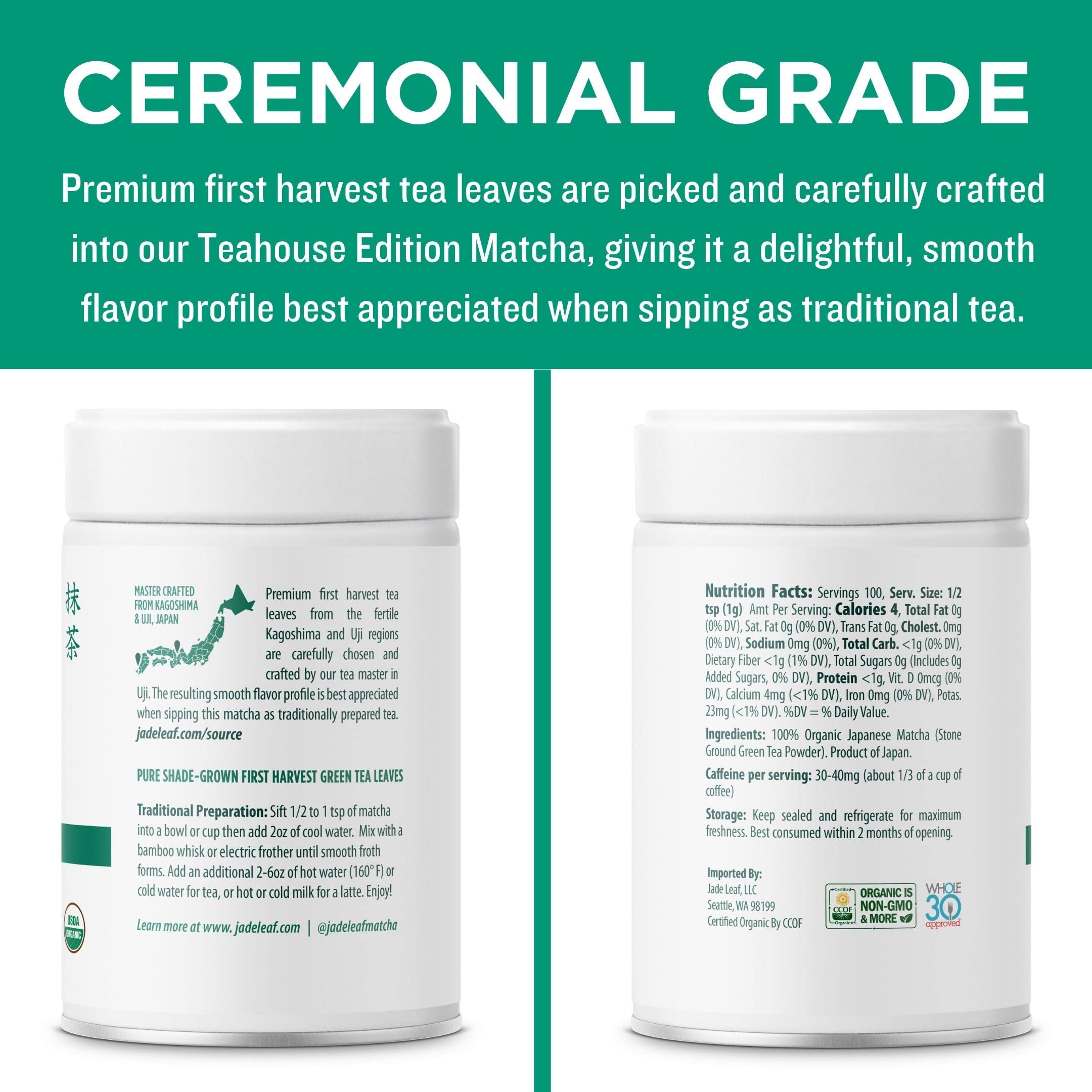 Jade Leaf Matcha Organic Green Tea Powder, Ceremonial Grade, Teahouse Edition Premium First Harvest - Authentically Japanese (3.53 Ounce Tin)