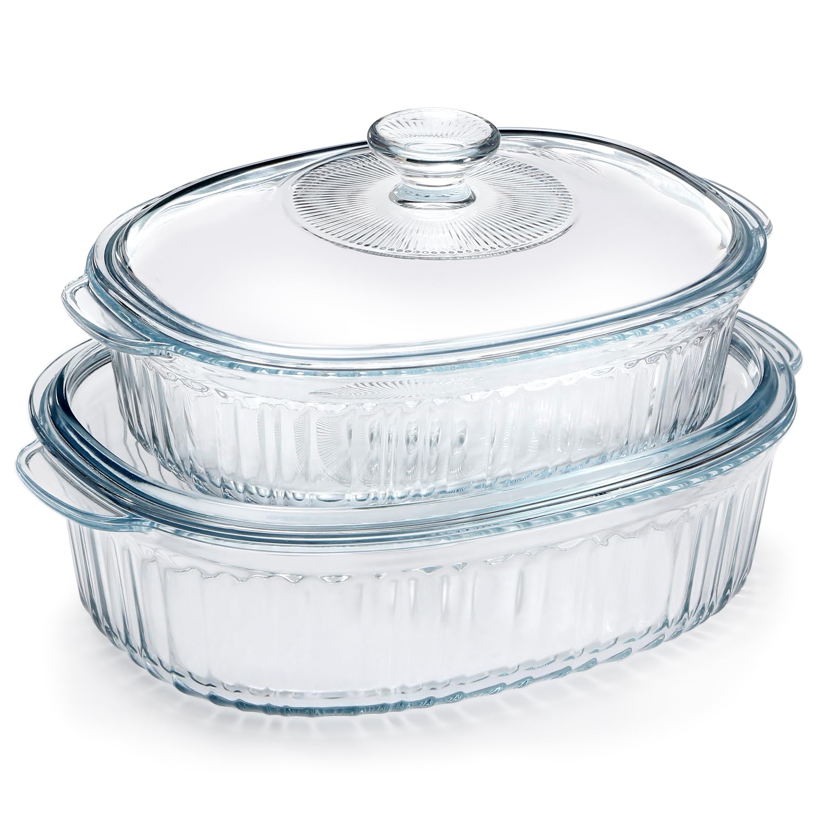 NUTRIUPS 4-pieces Oval Glass Casserole Dish with Lid, Set of 2(1.9 QT+3 QT) Borosilicate Glass, Oval Casserole Dish for Oven