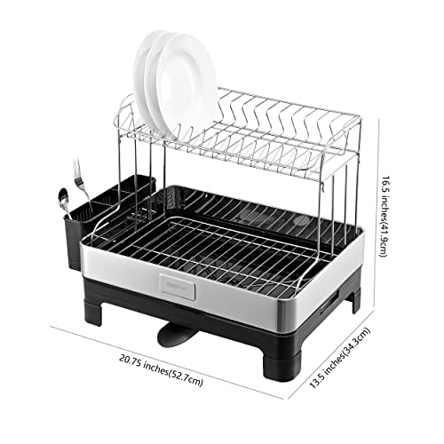 happimess DSH1004A Simple 20.75' Fingerprint-Proof Stainless Steel 2-Tier Dish Drying Rack, Dish Rack with Swivel Spout Tray, Utensil Holder, Stainless Steel/Black, Silver/Black