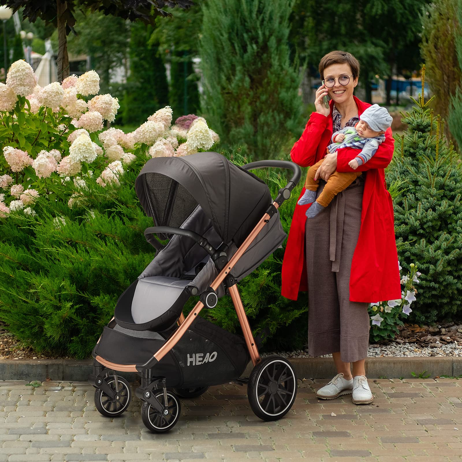 HEAO Baby Stroller Bassinet Carriage Combo 360 Rotation 4-in-1 Shock-Resistant High Landscape Pram Infant Stroller for Newborn and Toddler,Black