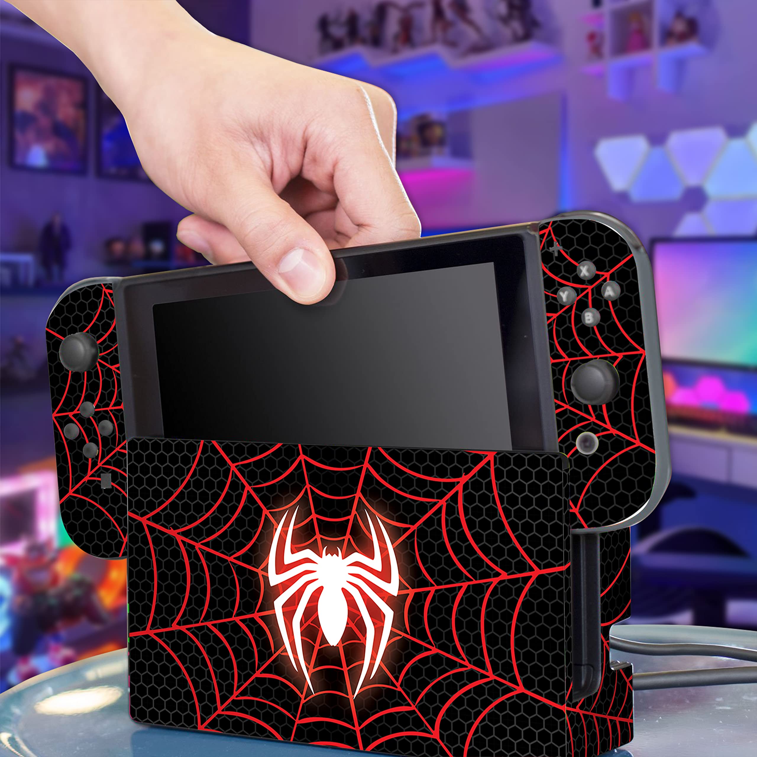 HK Studio Game Console Switch Skins - Spider Game Console Switch Stickers with No Bubble, Waterproof - Game Console Switch Wrap Skin - Including Skin for Joy-Cons, Dock, Grip and Console