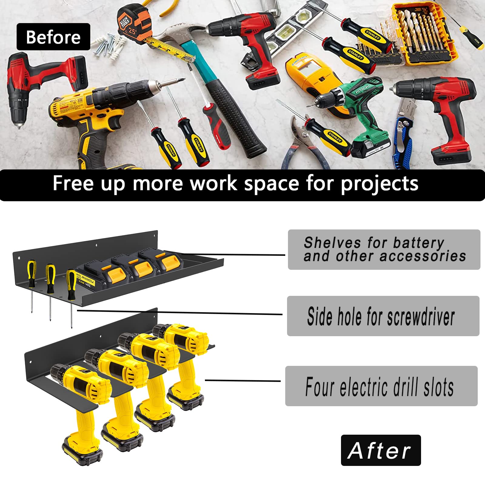 HUFEEOH Power Tool Organizer Wall Mount, Black Stainless Steel Garage Floating Shelves Storage Shelves, Heavy Duty Drill Holder for Cordless Drill Charging Station Screwdriver