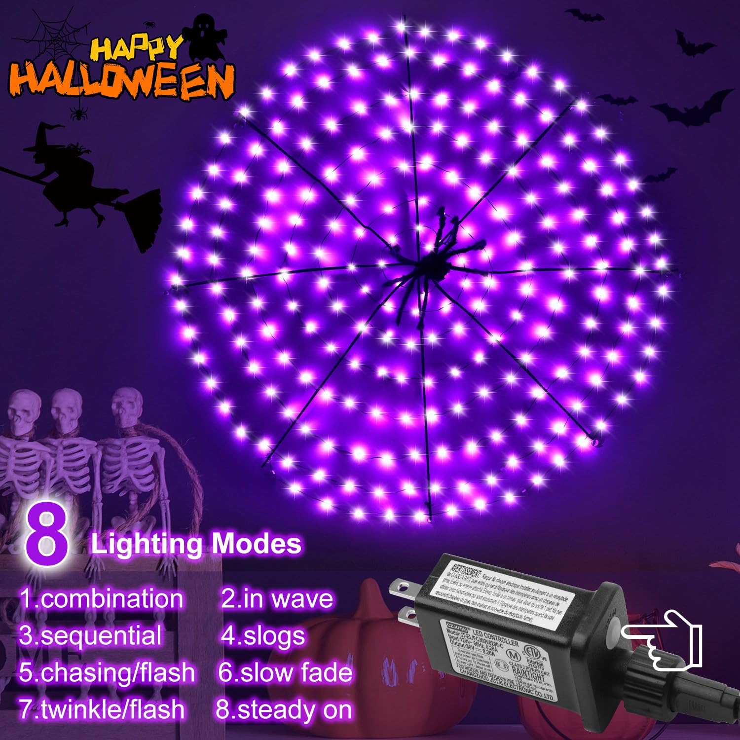 Halloween Decorations Outdoor 6.6ft Large Round Spider Web with 210 LED and Scary Black Spider,Super Bright 8 Modes Halloween Lights for Home Window Wall Garden Yard Party Decor