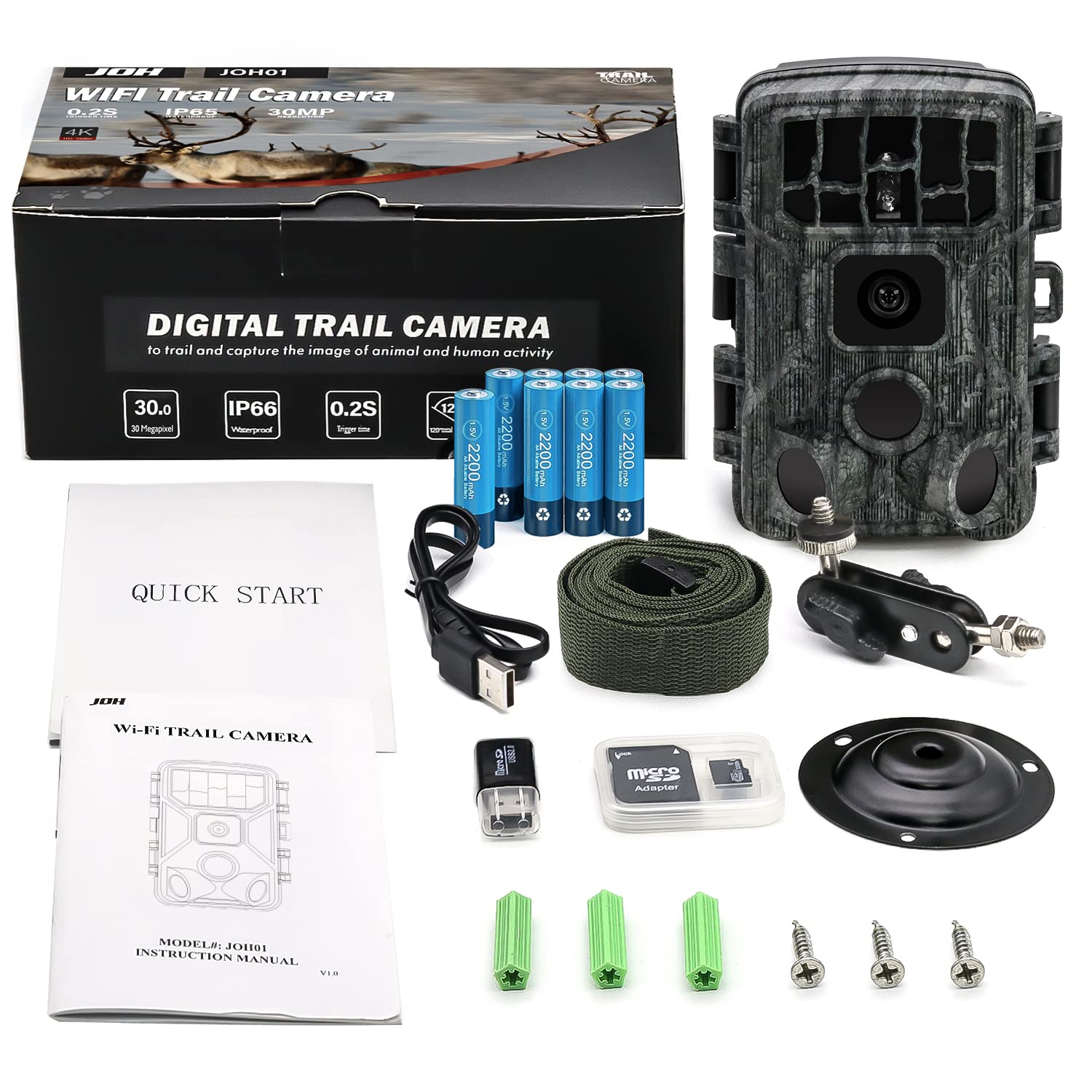 JOH Upgraded 4K 30FPS WiFi Trail Camera, 30MP Game Camera with Low Glow Night Vision, 0.2s Trigger Motion Activated, IP66 Waterproof Hunting Camera, 120° Wide Angle Deer Cam with 32GB Card