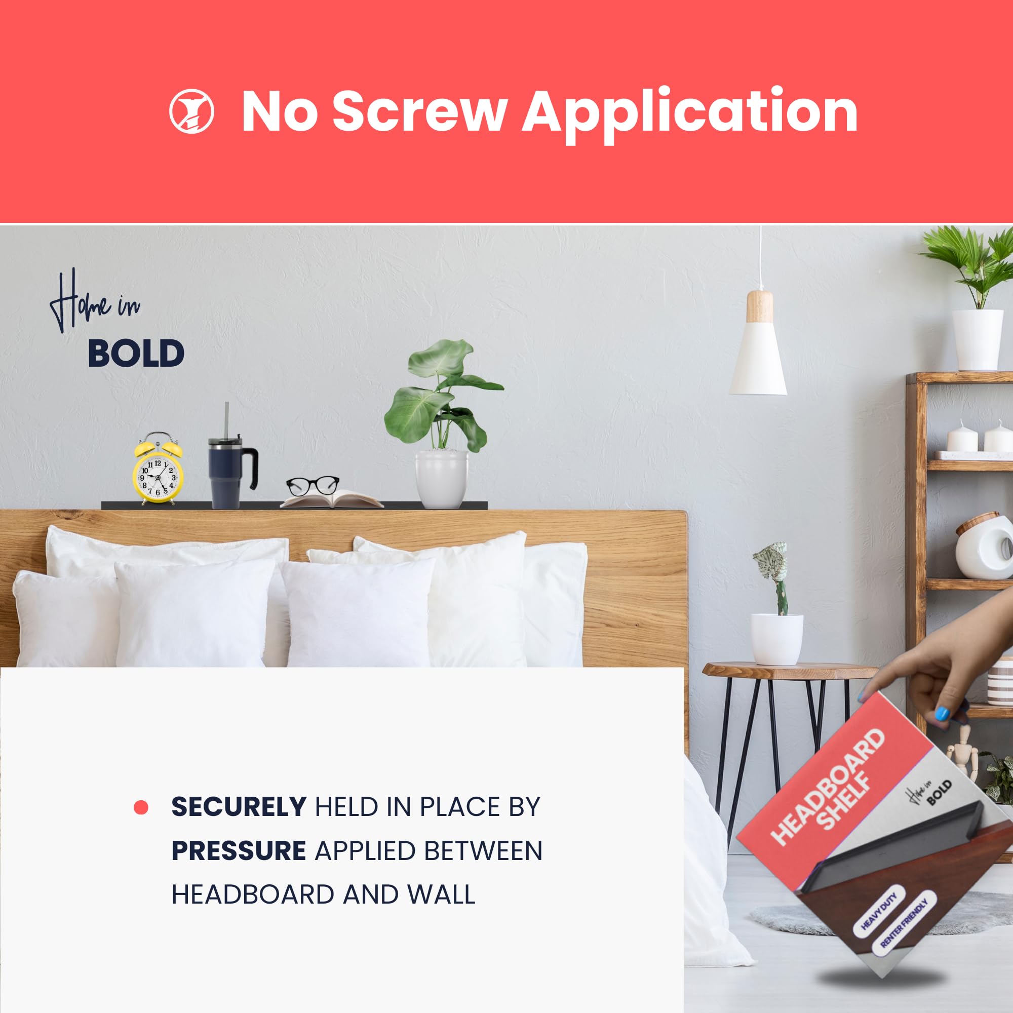 No-Screws Bed Headboard Shelf Attachment - METAL Twin, King, Queen Headboard Shelf - Renter Friendly Over Bed Storage Shelf for Bed - Dorm Headboard Shelf - Headboard Shelf King Headboard Shelf Queen