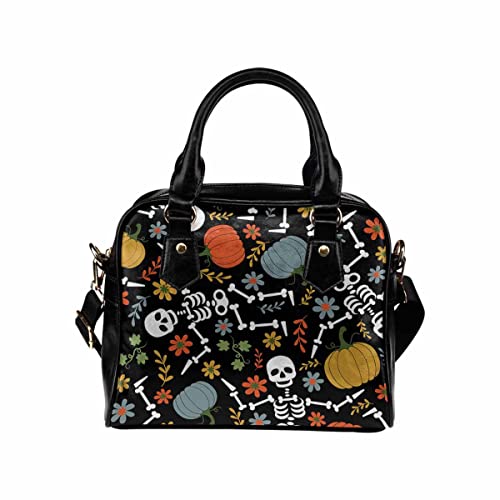 InterestPrint Halloween Skeletons Dance in Pumpkin PU Leather Lady Purses and Handbags