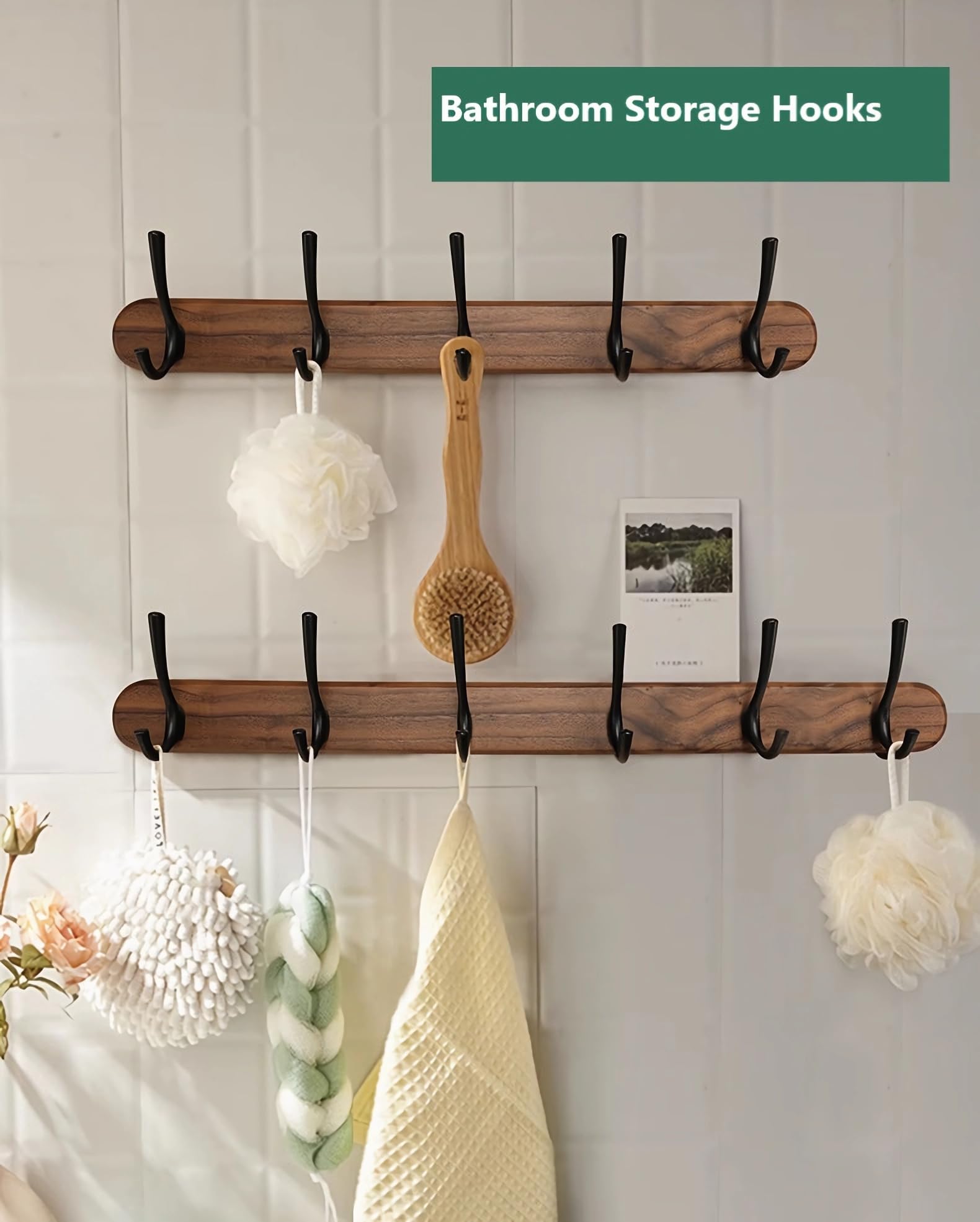 Nolbiph Walnut Wood Coat Rack Wall Mounted with Waterproof Zinc Alloy Hooks - Heavy Duty Dual Hooks for Hanging Coats, Hats, Bags, Towels and Bathroom Storage Hooks - Wall Hangers(4 Hooks)