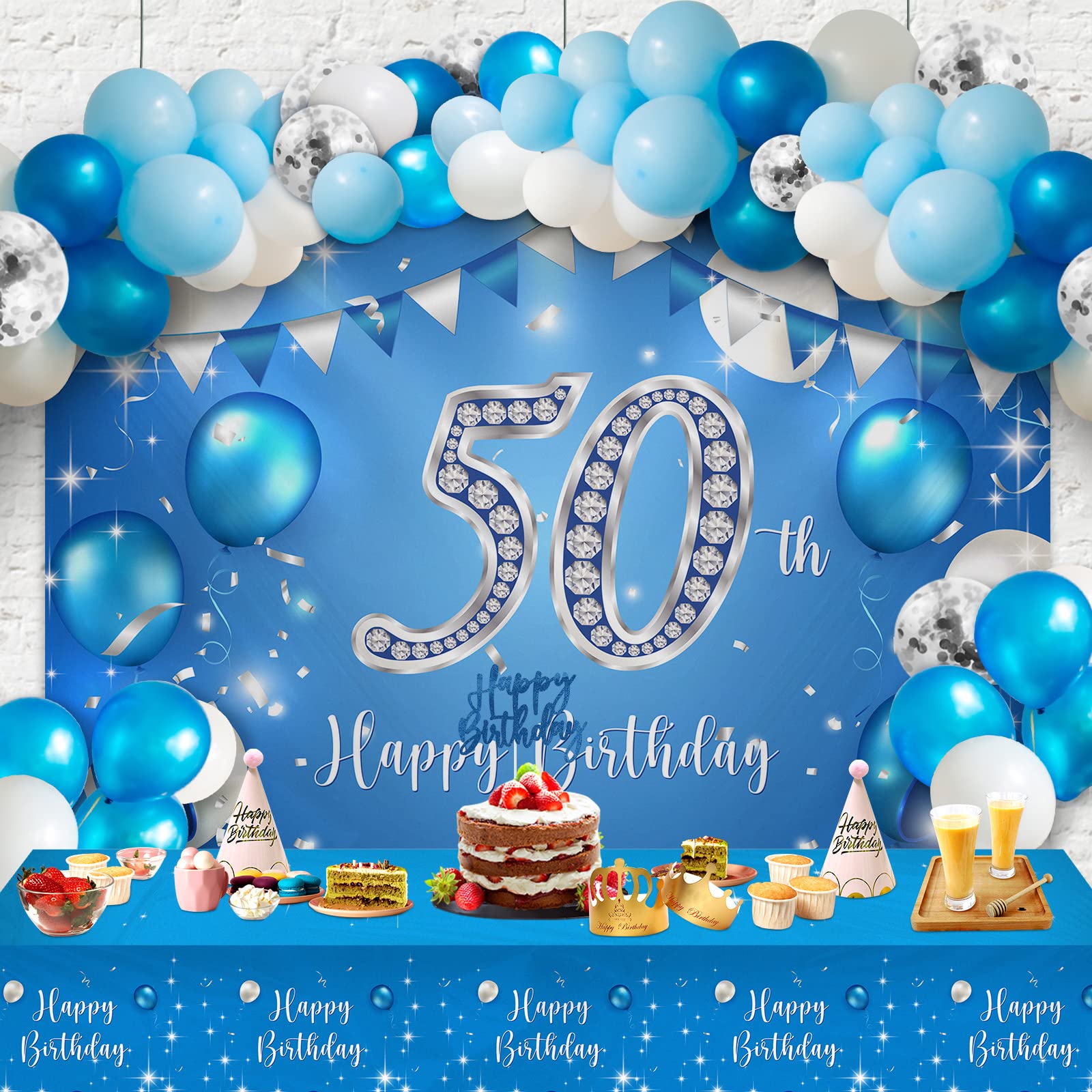 Happy 50th Birthday Balloons Blue Set Decor - Cheers to 50 Years Old Party Theme Garland Banner Backdrop Tablecloth Decorations For Women and Men