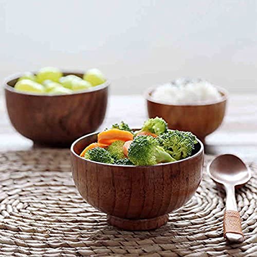 Jaquiain 6 Pcs Wood Bowls Serving for Rice, Soup, Dip, Coffee, Tea, Decoration Wooden Salad Bowl Kitchen Cutlery Set