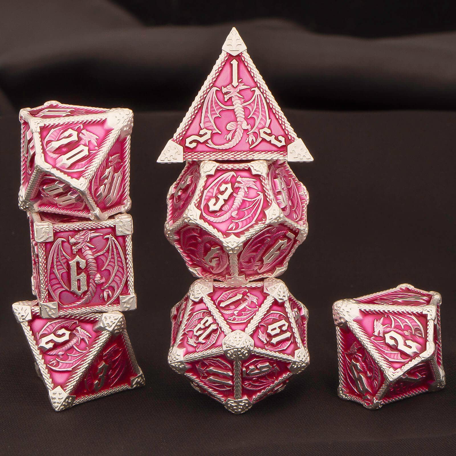 OUKELANWO Metal Dice Set D&D, Pink Dungeons and Dragons Dice with Gift Box, 7 Piece Polyhedral Role Playing Dice, RPG D and D Dice D20 D12 D10 D8 D6 D4