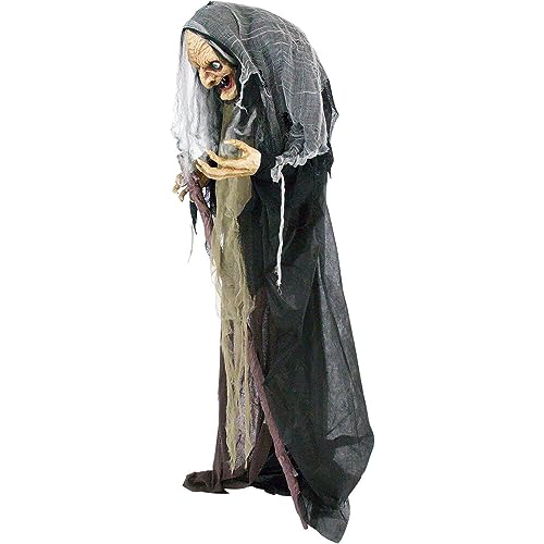 Haunted Hill Farm Life-Size Scary Poseable Talking Witch with Touch Activated Lights and Sound, Battery-Operated Indoor/Covered Outdoor Halloween Decoration