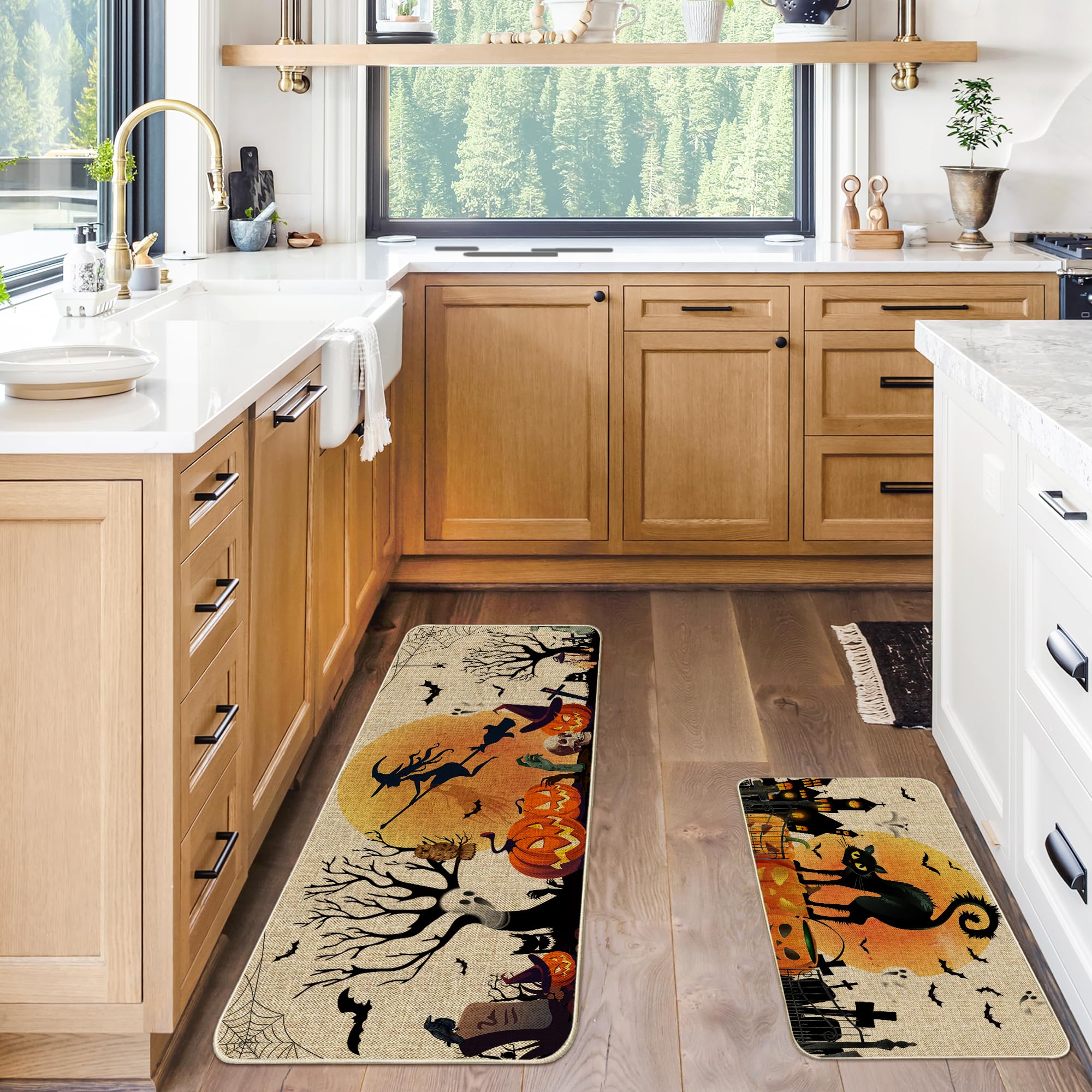 Hexagram Halloween Kitchen Mats Rugs, Halloween Kitchen Decor, Halloween Decorations Indoor Kitchen, Kitchen Rugs Non Skid Washable Set of 2, 17x29 & 17x47 Inch