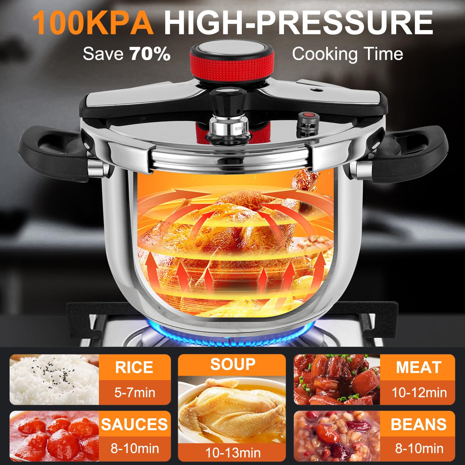 NYTRX Pressure Cooker 10 QT, Stainess Steel Pressure Canner 10 Quart, Explosion-Proof Cookware, Rotating Lock/Unlock Lid, One-handed lid opening, Thickened Silicone Ring And Anti-scald Handle, Silver