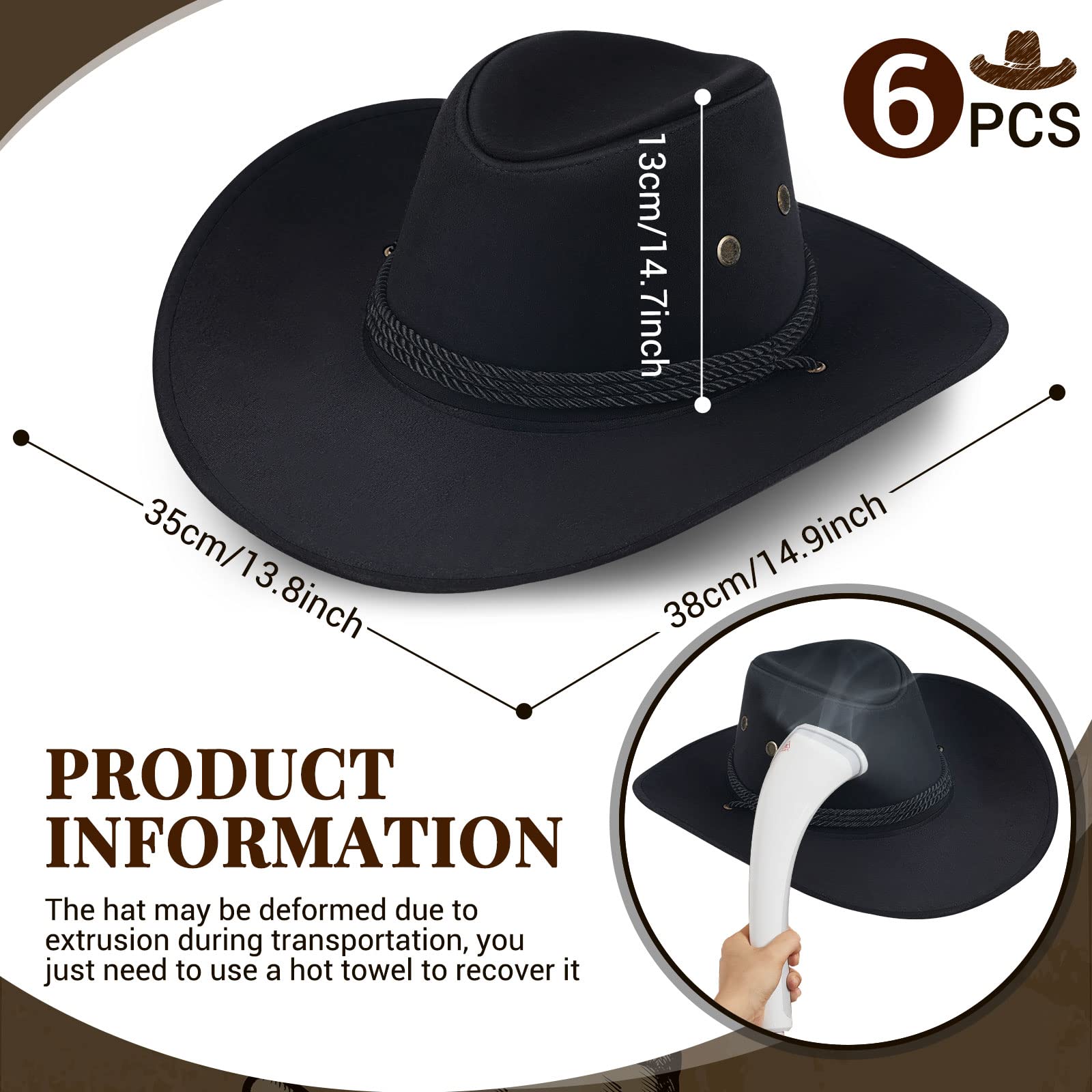 Janmercy 6 Pack Bulk Cowboy Hats Western Cowboy Hat Plain Cowboy Hat with Adjustable Drawstring for Wedding Stage Performance (Fresh Black)