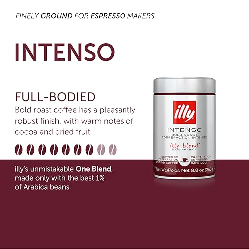 illy Ground Coffee Espresso - 100% Arabica Coffee Ground – Intenso Dark Roast – Warm Notes of Cocoa & Dried Fruit - Rich Aromatic Profile - Precise Roast - No Preservatives – 8.8 Ounce