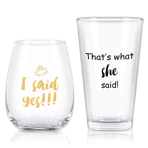 I Said Yes That’s What She Said Stemless Wine Glass and Beer Glass Combo, Good Engagement Gifts Unique Gifts for Couples Him Her Newlyweds Valentine’s Day Bridal Shower Wedding Gift, Set of 2