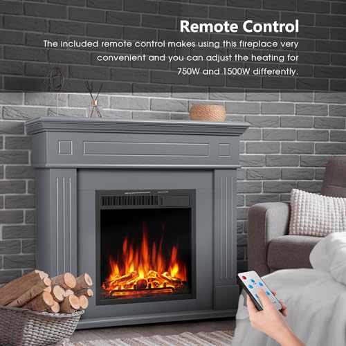 Havato 43" Electric Fireplace with Mantel, Freestanding Electric Fireplace, Wooden Surround Firebox, Remote Control, 7 Level Adjustable Led 3D Frame, 750W/1500W Grey