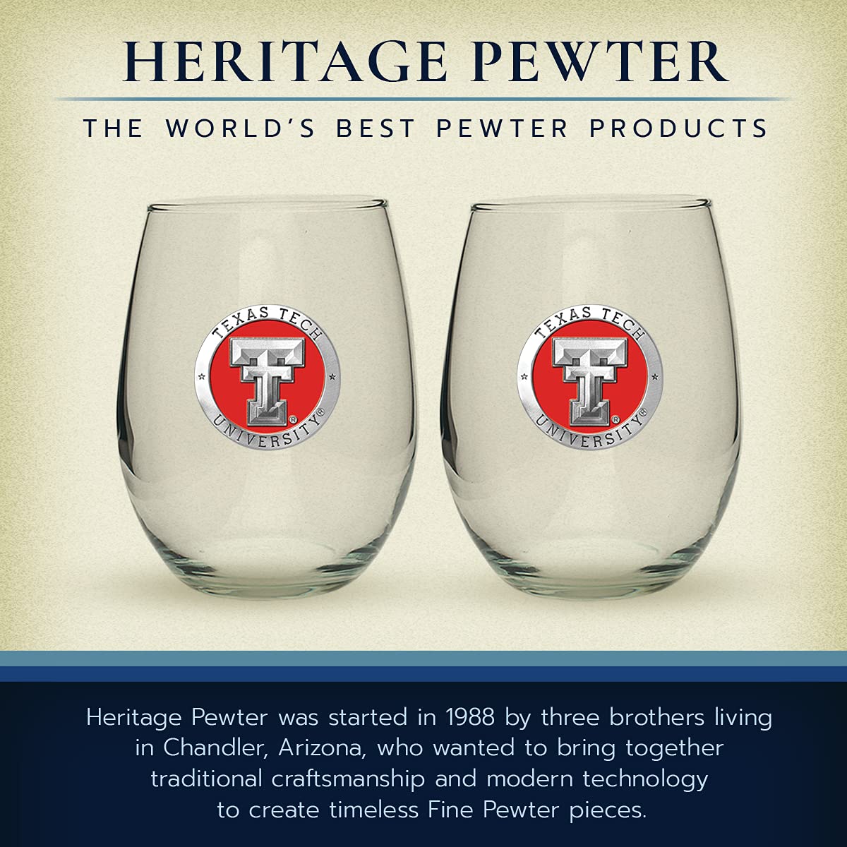 Heritage Pewter Texas Tech Red Raiders Stemless Glass Goblets β Set of 2 | 15 OZ Goblet Wine Glasses | Expertly Crafted Pewter Glass