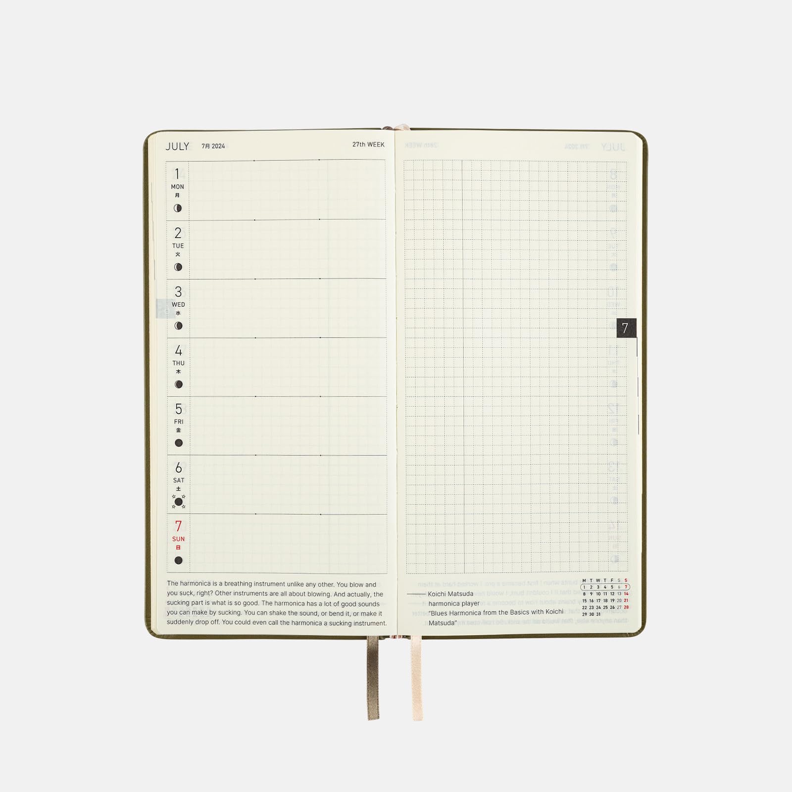Hobonichi Techo Weeks [English/Tall and Slim Size/January 2024 Start] Leather: Olive Green