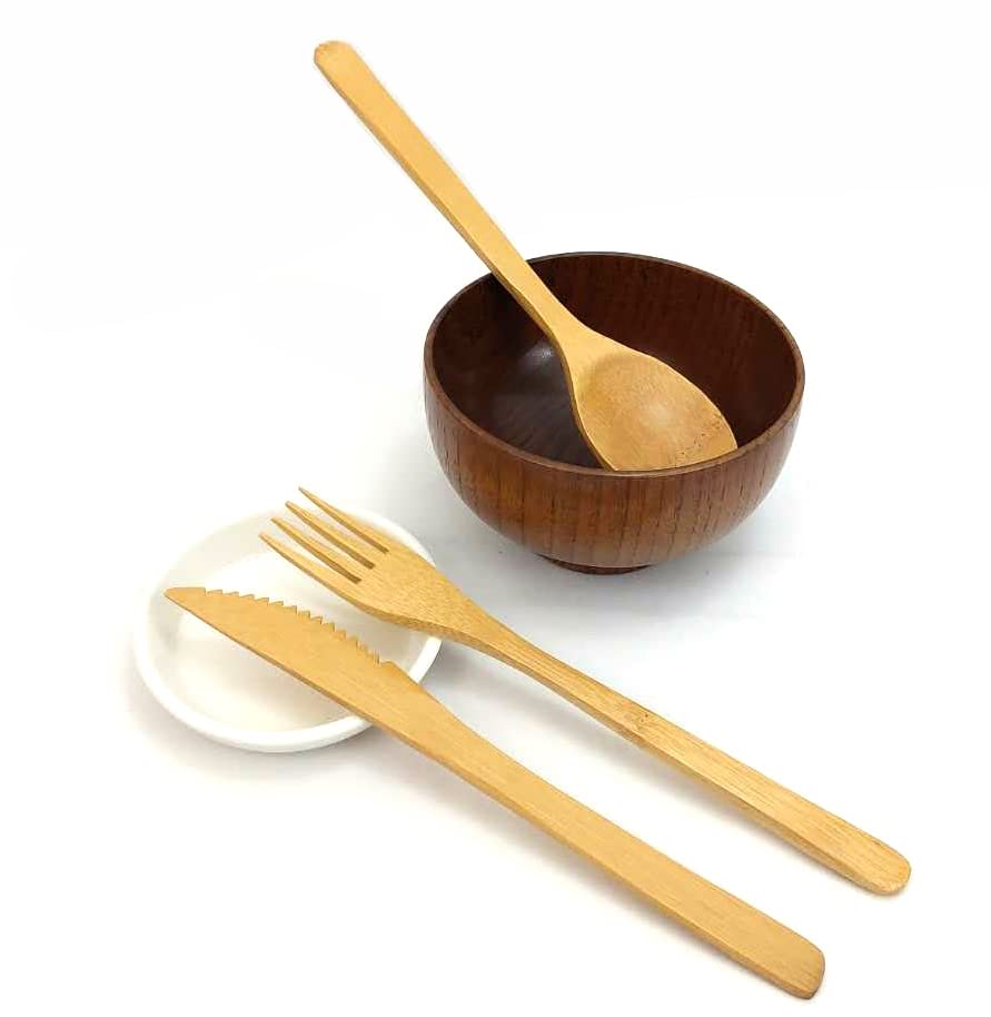 JapanBargain 3785x10, Bamboo Fork Knife Spoon Cutlery Utensils Flatware Set 3pc Reusable Dishwasher Safe, Set of 10