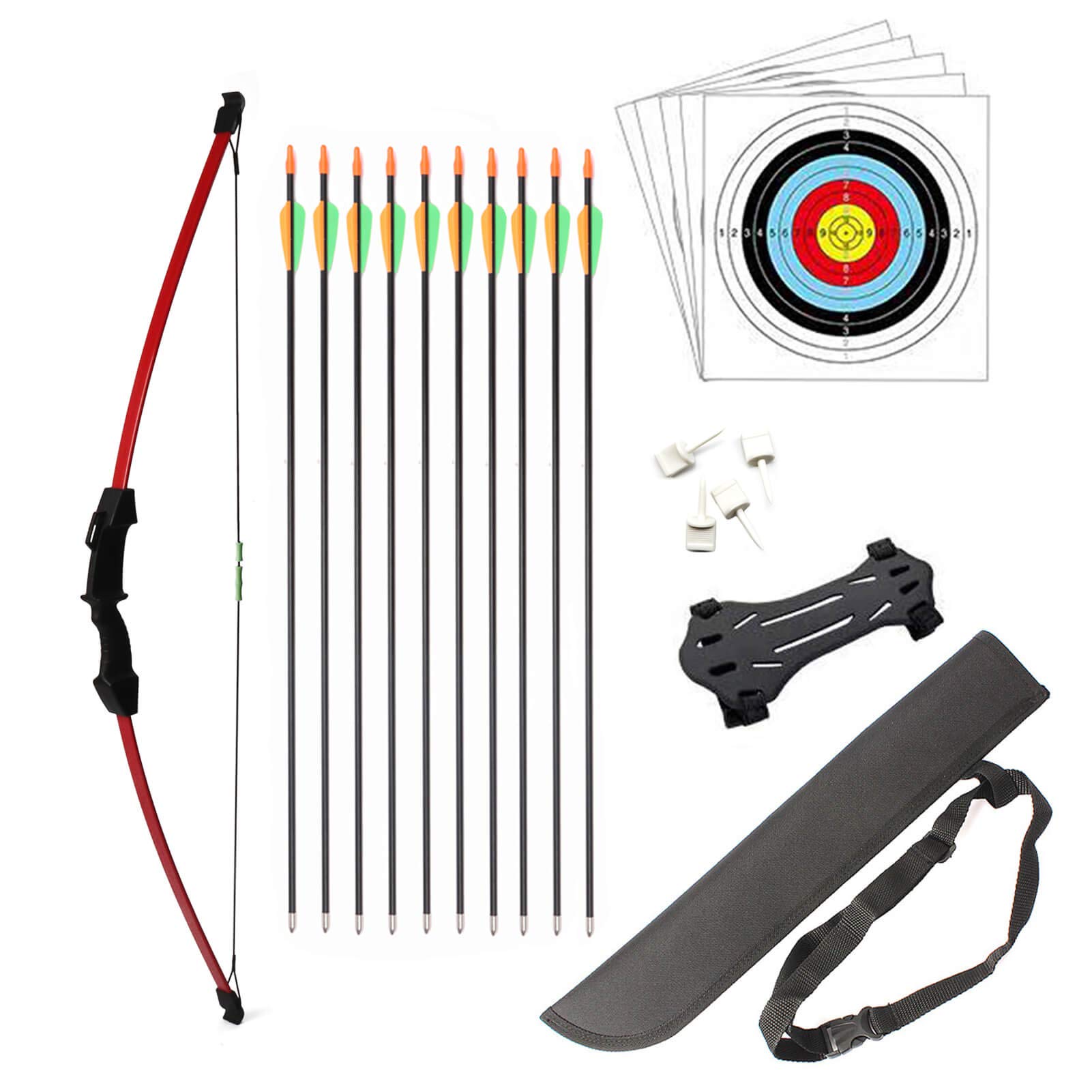 HANSPY Bow and Arrow Set for Kids Recurve Bow Archery Longbow Outdoor Hunting Beginner Bow Kit 15LB for Teens Junior Gift with 10 Arrows 5 Target Faces 4 Target Pins 1 arm Guard 1 Kid Quiver (Red)