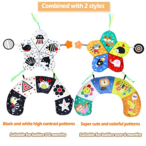 KAKIBLIN Baby Tummy Time Mat, High Contrast Newborn Foldable Playmat,Indoor Baby Gym Mat with Pillow and Teether for Baby Over 6 Months