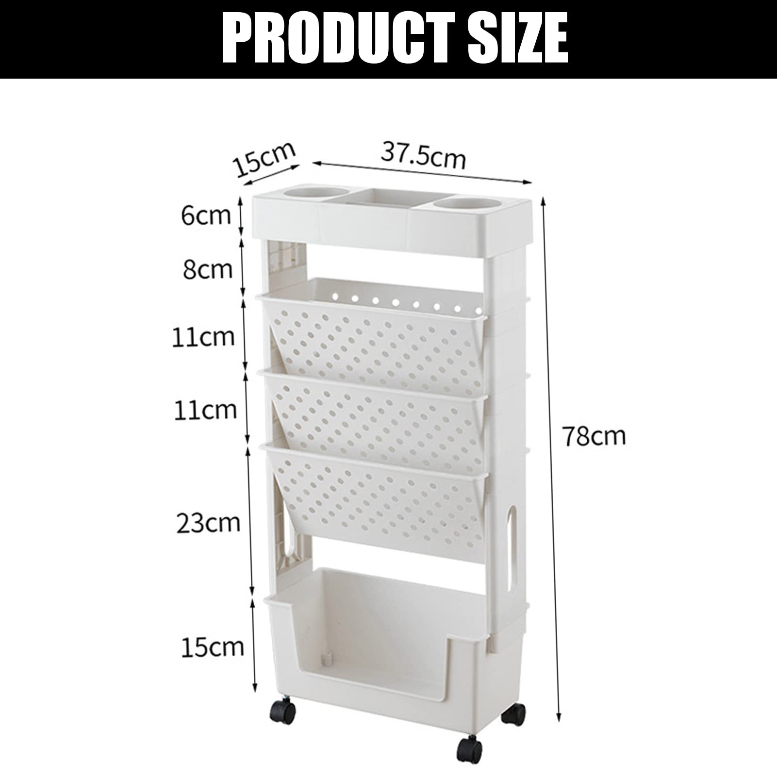 HEEPDD Movable Bookshelf Cart, 5-Tier Plastic Rolling Utility Cart Multifunctional Storage Trolley for Office Living Room Home Kitchen School (White)