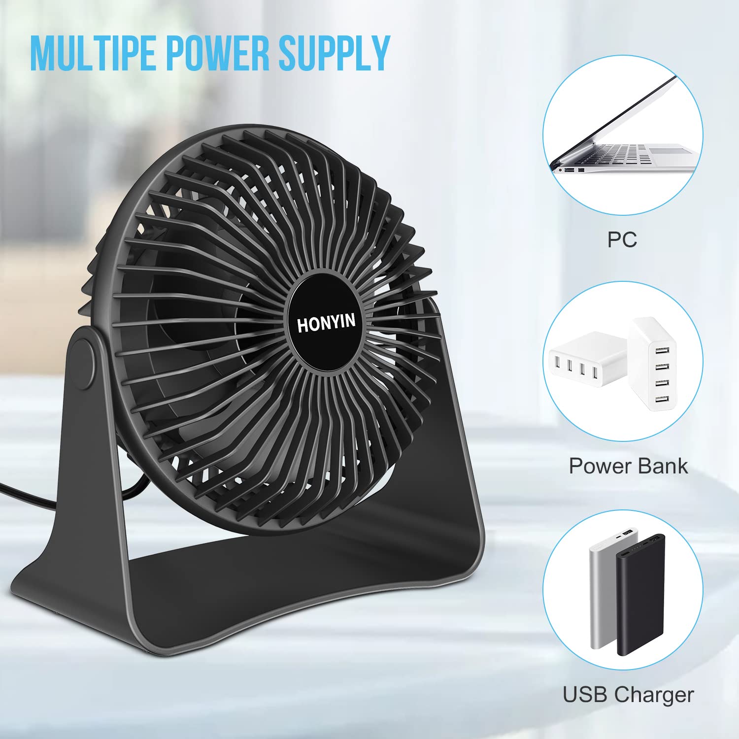 HONYIN Small USB Desk Fan, 3 Speeds Desktop Table Cooling Fan, 360° Rotatable, Strong Wind, Quiet Personal Little Fan Powered by USB for Bedroom Home Office