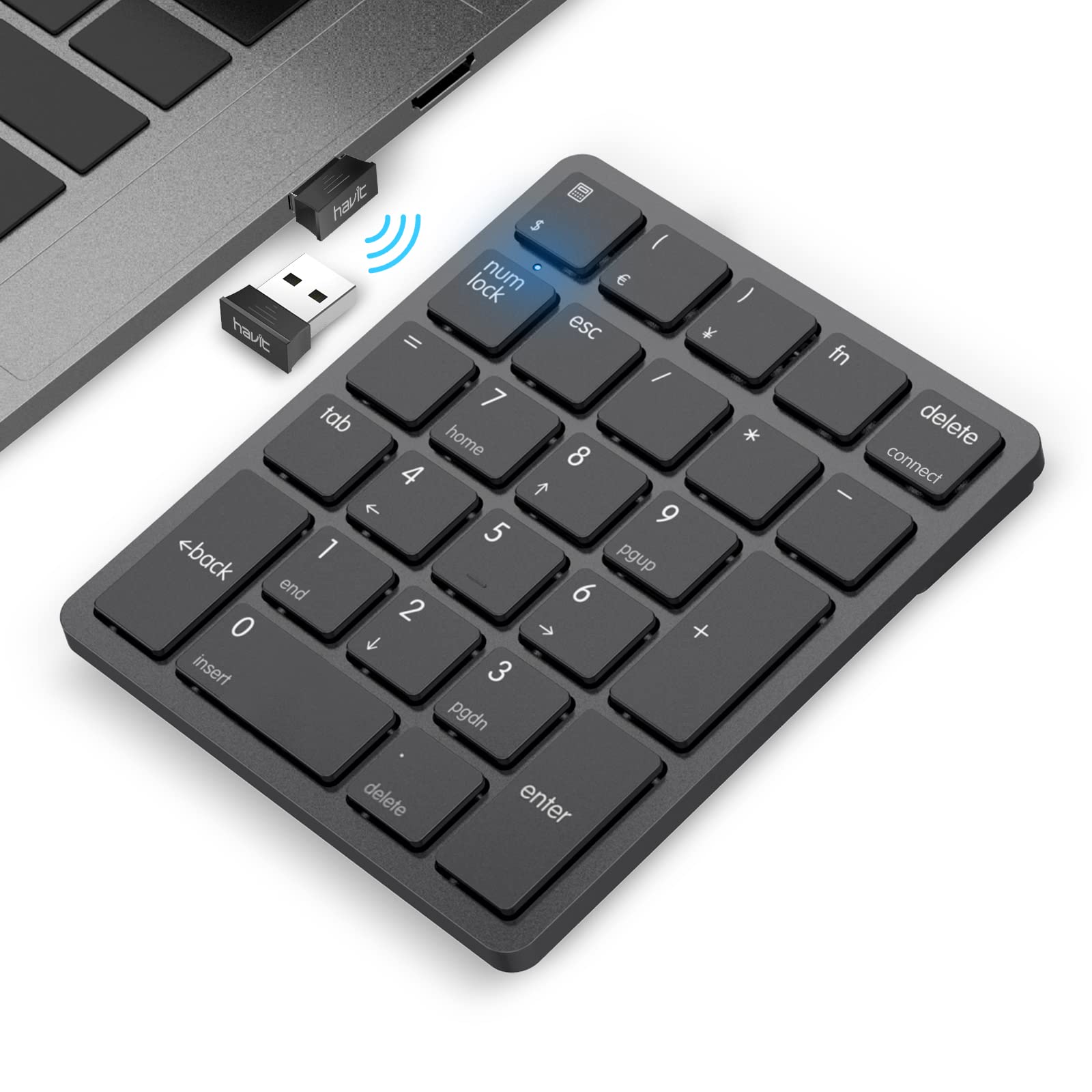 havit Wireless Number Pad, USB Numeric keypad 26 Key Portable Mini 2.4GHz Financial Accounting Rechargeable Number Keyboard for Laptop,Computer, Desktop, PC, Surface Pro,Notebook (Black)