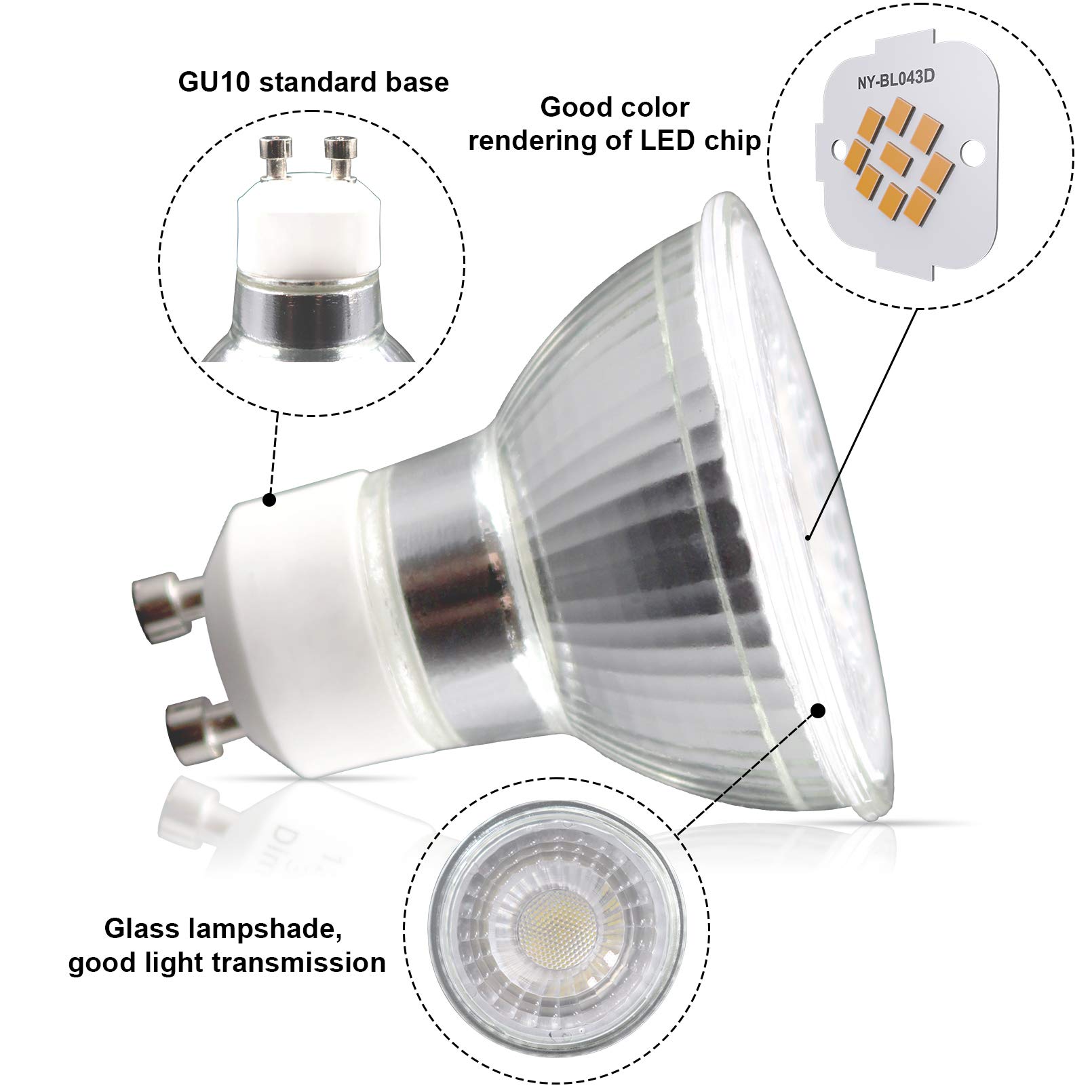 HFCDL GU10 LED Bulbs Dimmable 5000K Daylight White, 50W Halogen Lamps Equivalent, 6W 500 Lumens 120 Degree Beam Angle, MR16 Glass Cover for Recessed Track Lighting, Spot Light, 10-Pack