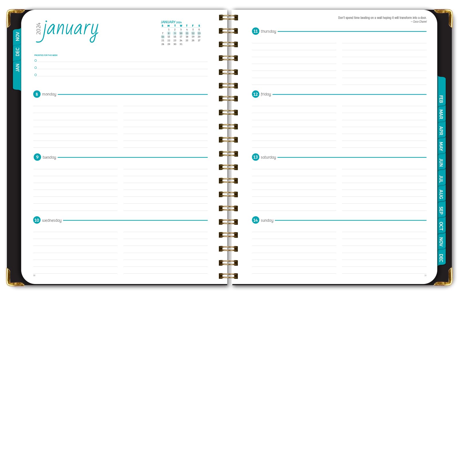 HARDCOVER 2024 Planner: (November 2023 Through December 2024) 8.5"x11" Daily Weekly Monthly Planner Yearly Agenda. Bookmark, Pocket Folder and Sticky Note Set (Golden Floral)