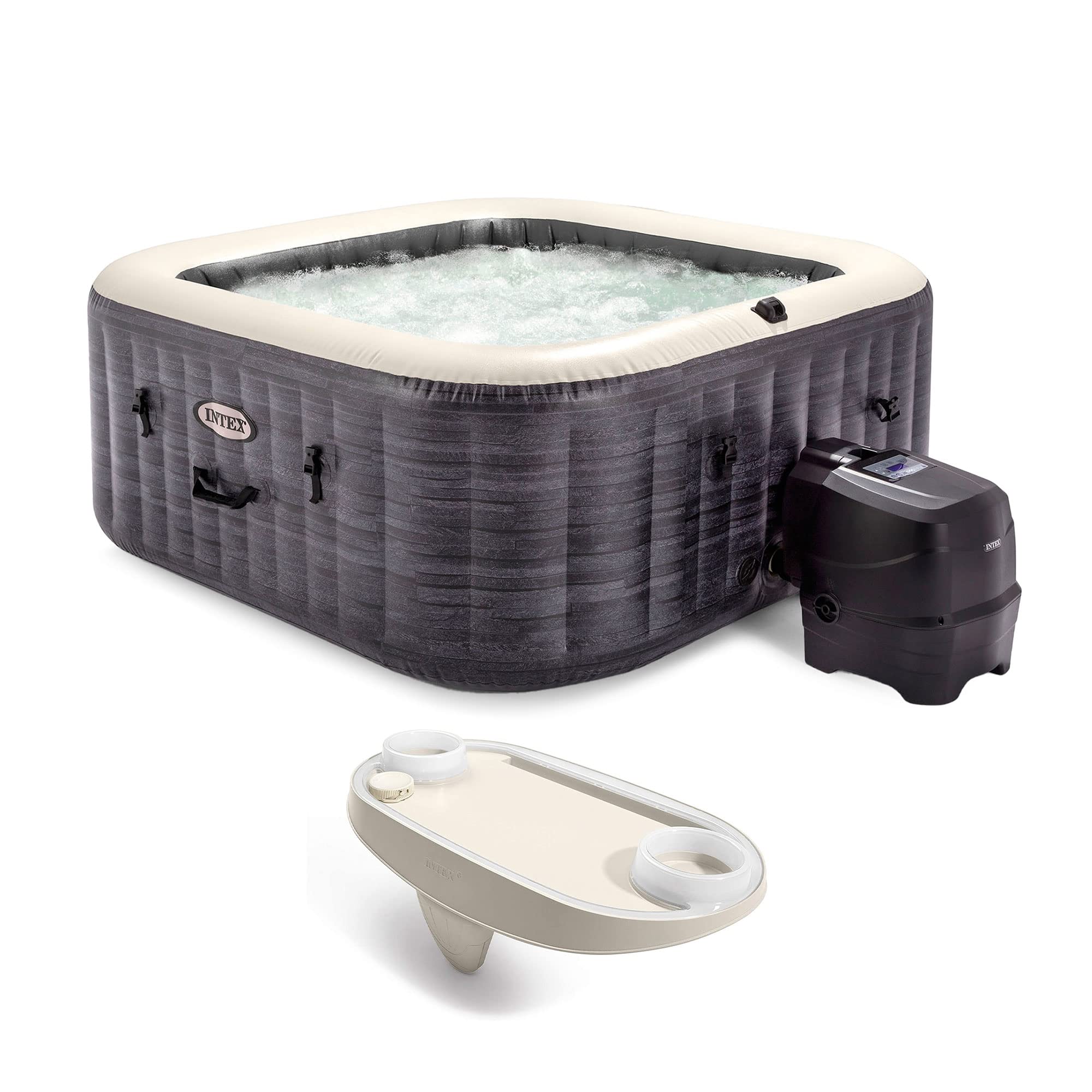 Intex PureSpa Plus Greystone Inflatable Square Outdoor Hot Tub Spa, 83x28" and Tray Attachment Accessory for Mobile Tablet Phones with LED Light Strip