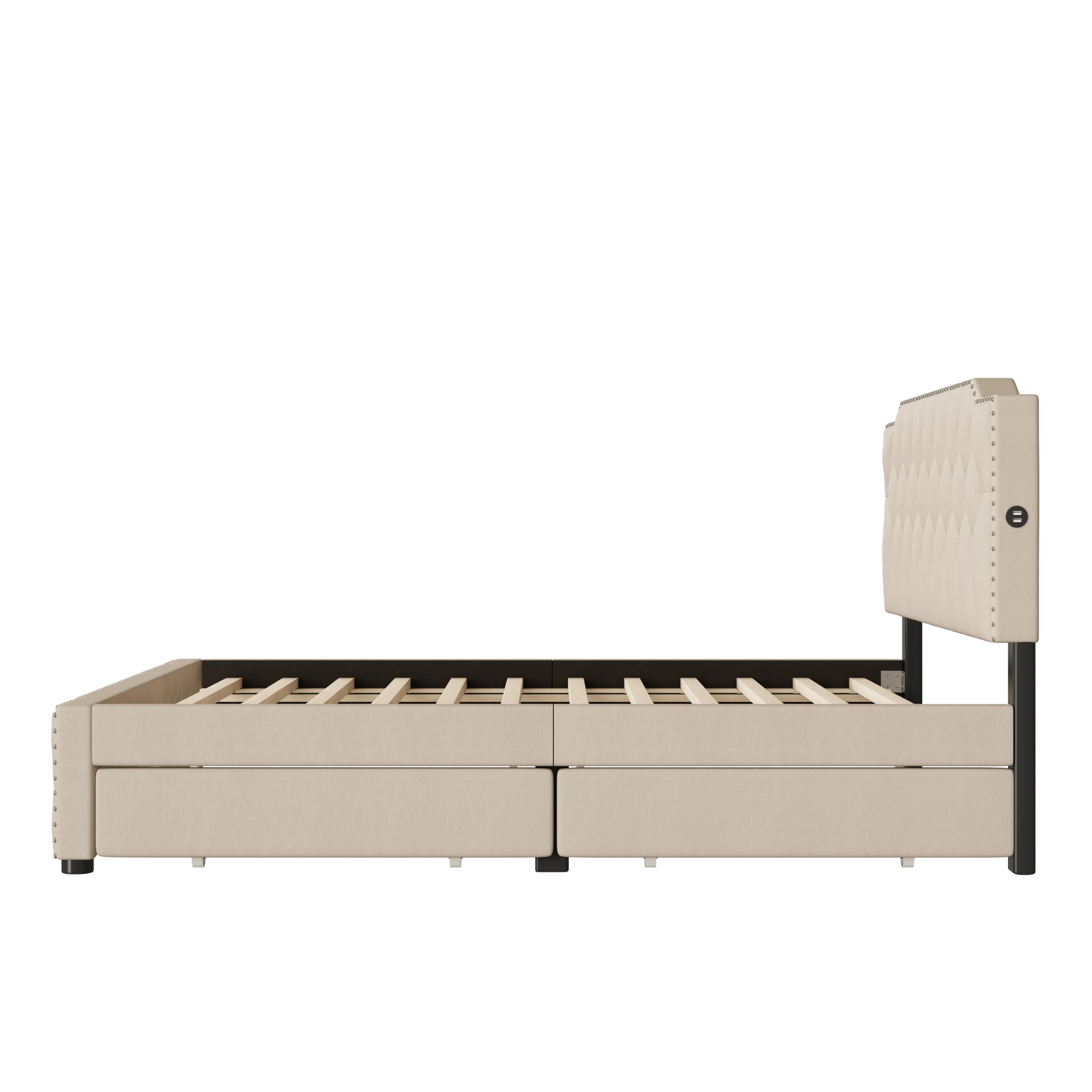 Luxo Abode Queen Size Upholstered Platform Bed with 2 Drawers and 1 Twin XL Size Trundle, Classic Headboard Design, No Box Spring Need and Easy to Assembly,for Bedroom, Guest Room, Apartment, Beige