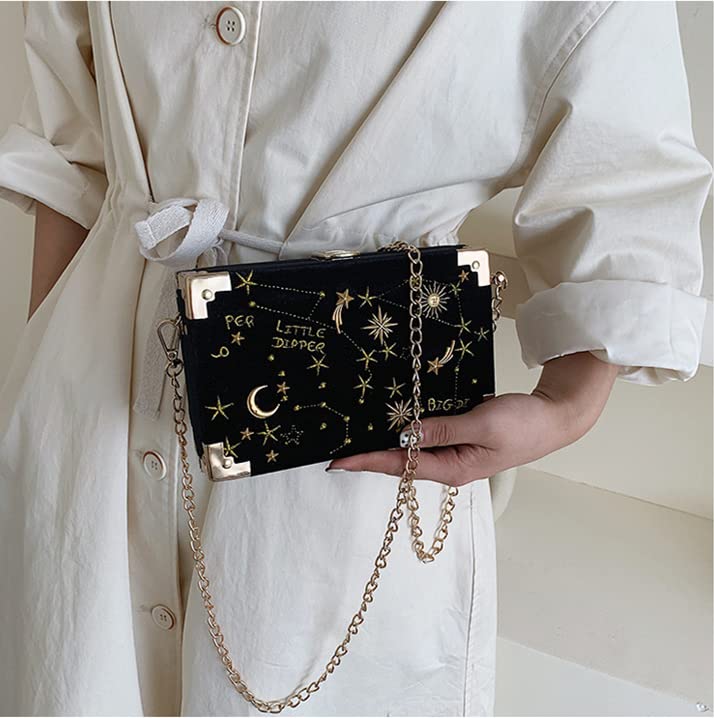 HANDAFA Elegant Velvet Clutch Handbag Star and Moon Evening Bag Chain Box Bag For Wedding Party(Black)