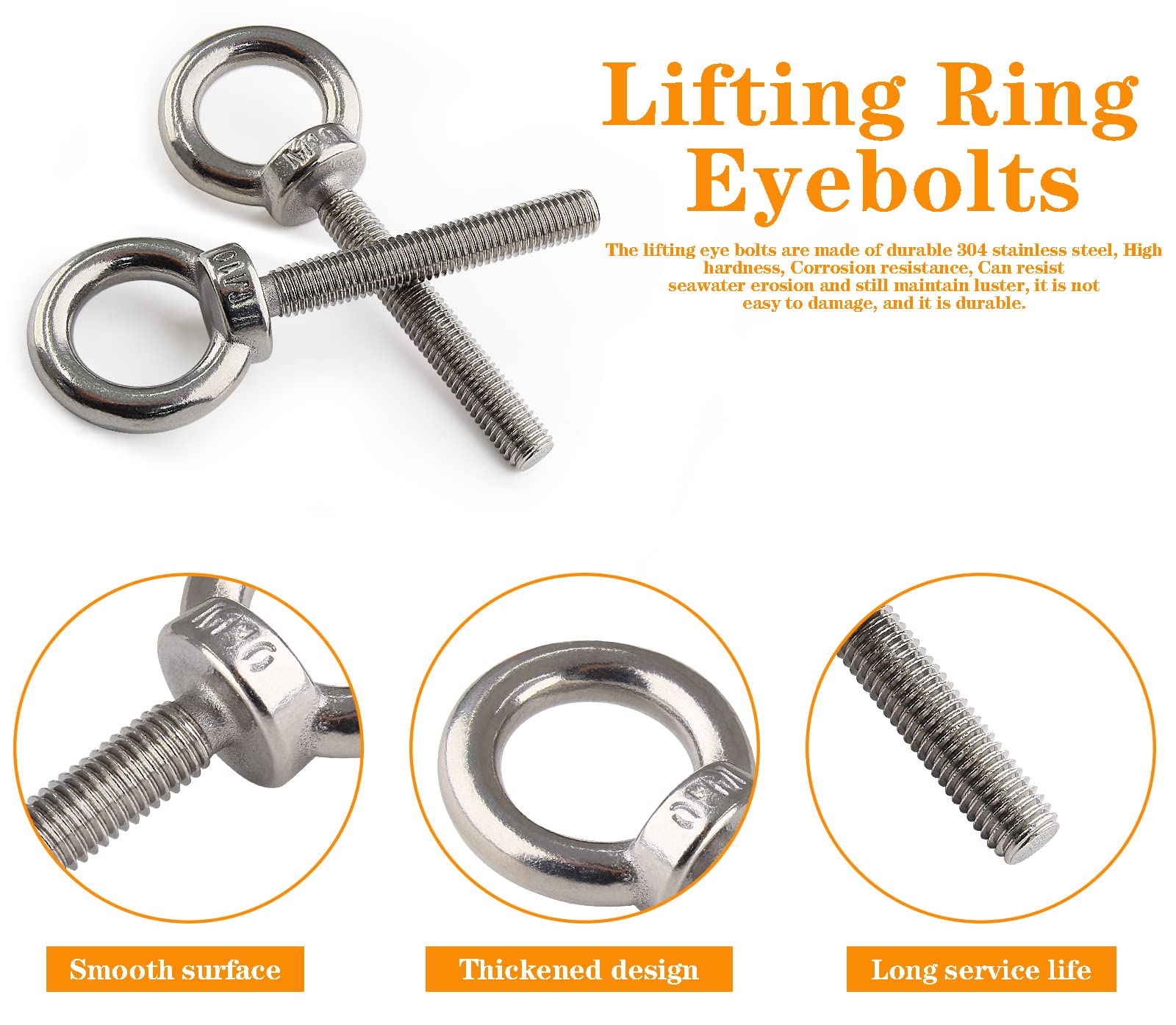 Lanzeuta 4 Pack Eye Bolt, 3/8" x 2.75" Stainless Steel Lifting Ring Threaded Eyebolts, Marine Grade Expansion Bolts with Nuts