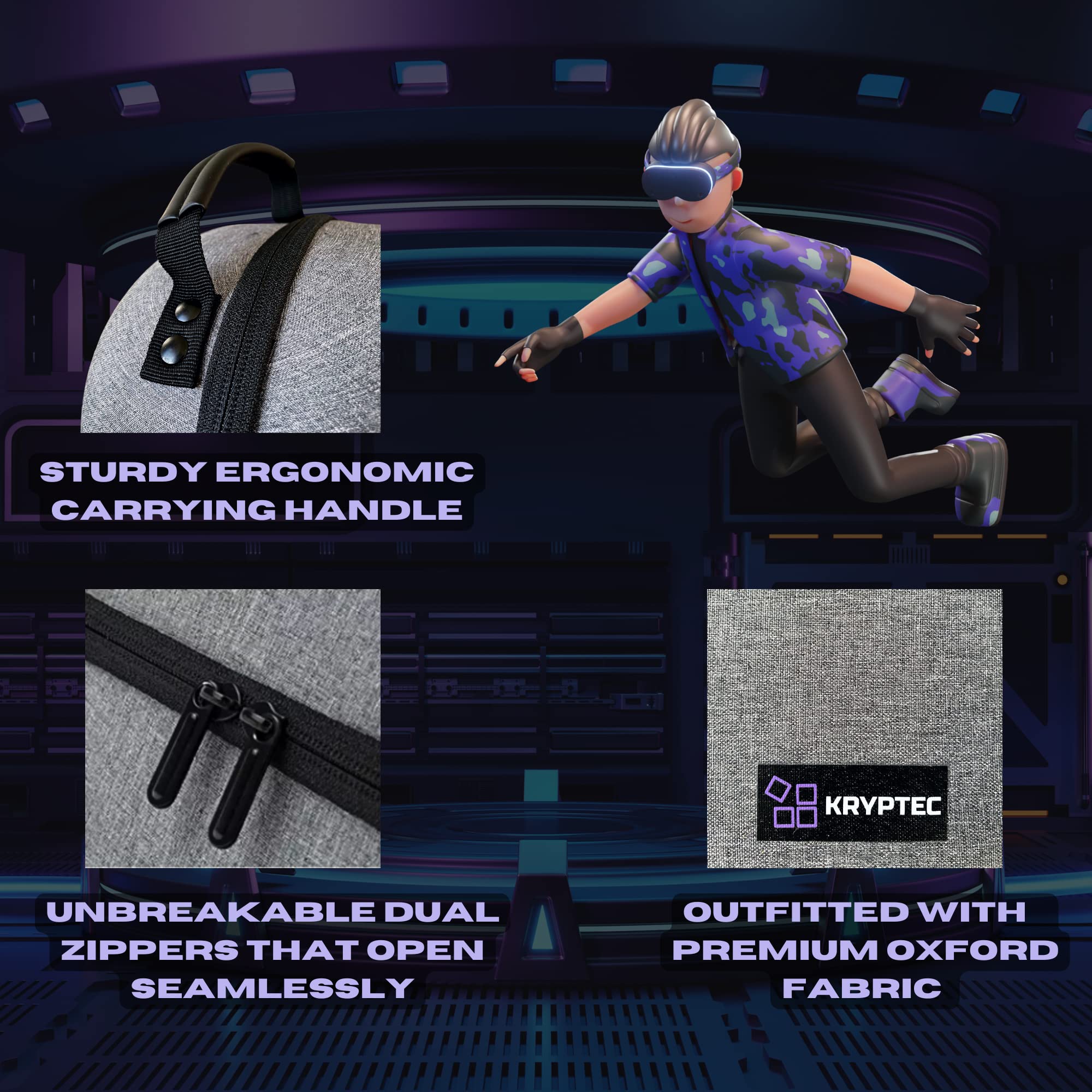 Kryptec Premium Carrying Case Compatible with Oculus Quest 2 and All Elite Straps - Lightweight Travel Designed to Protect Your VR Headset & Accessories Comfortable Carry, Gray (GreyVR2324)