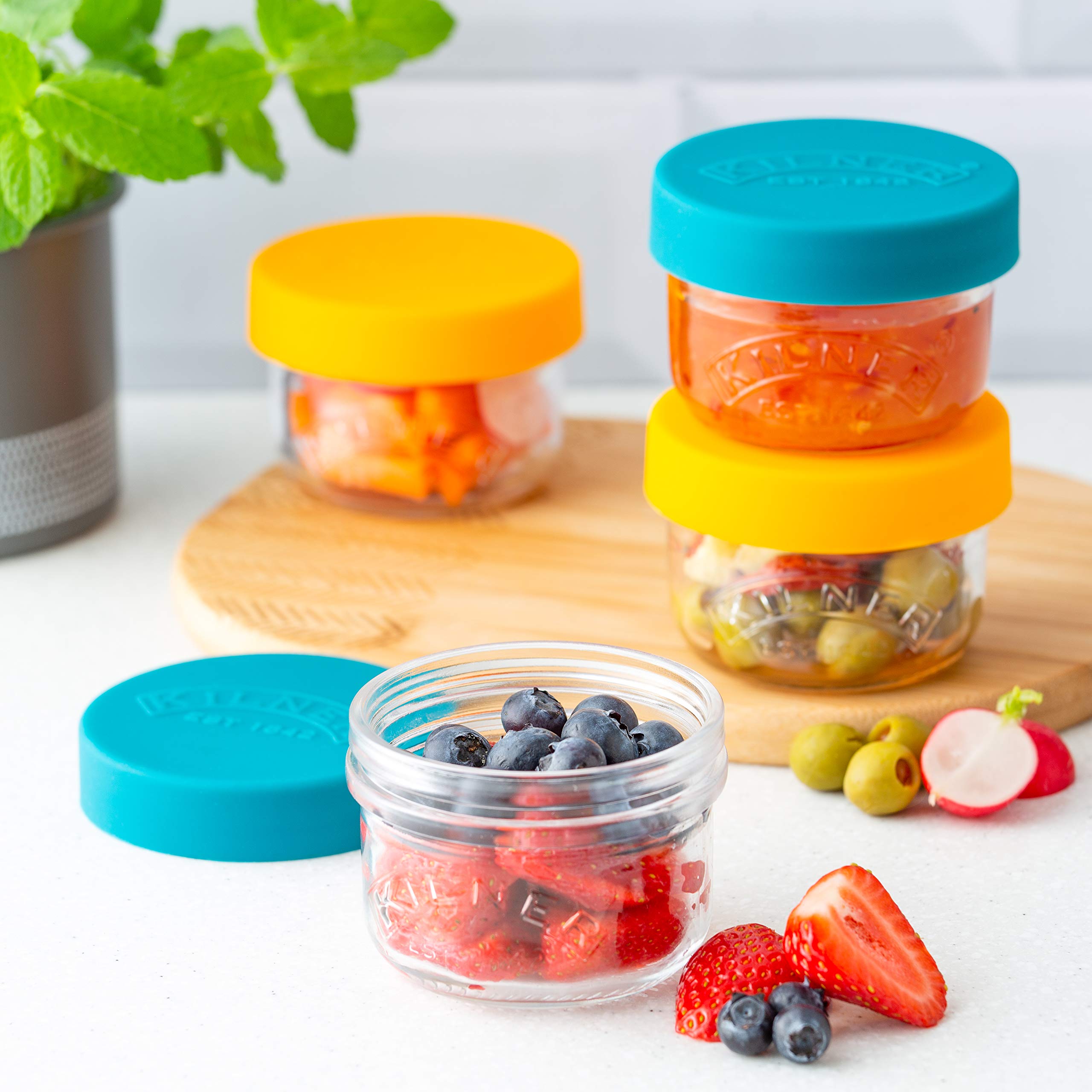 Kilner 0.125L Set of 2 Glass Store Pots 125ml with Push Top Silicone Lids | Perfect for Snacks & Food Storage, Clear, Blue and Yellow