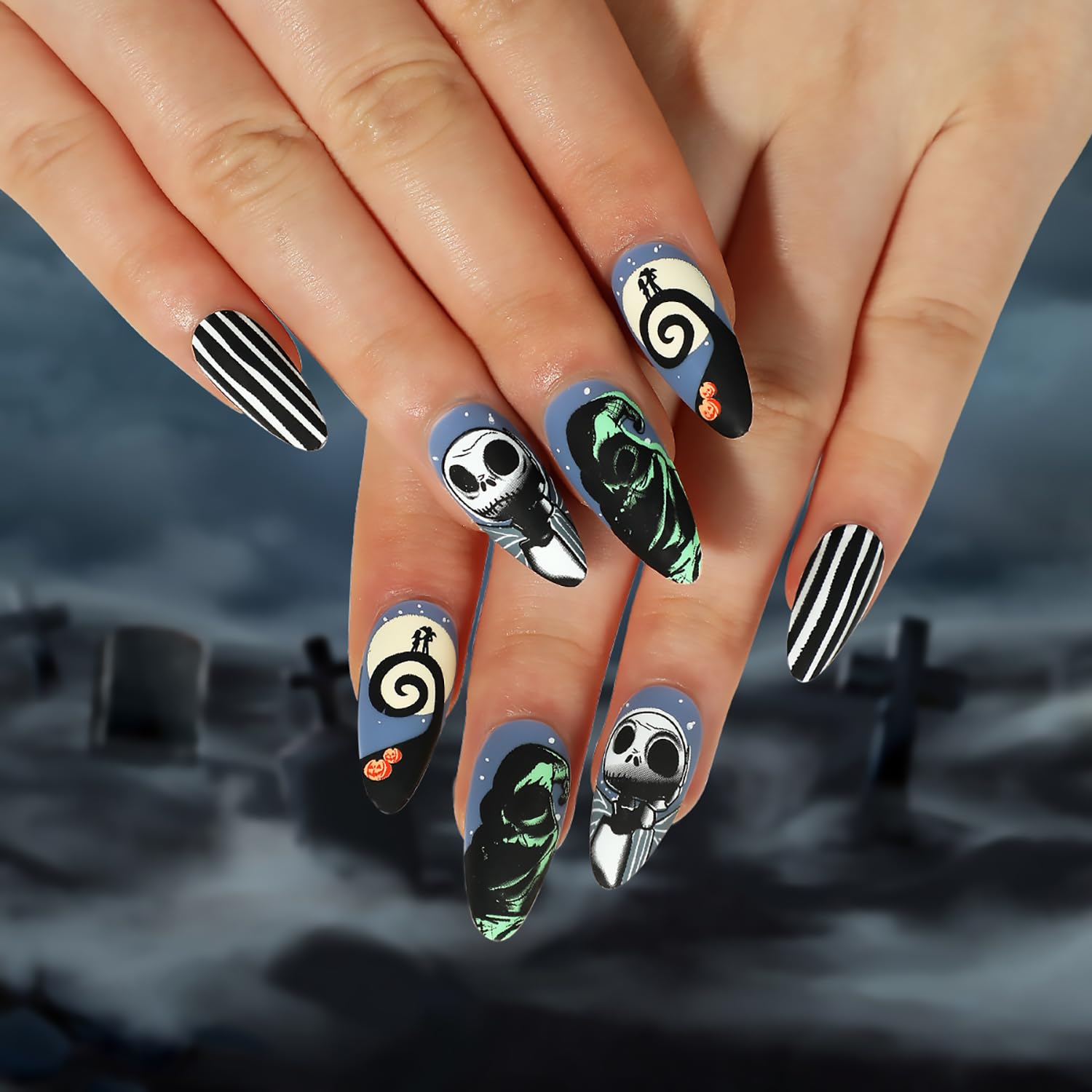 Halloween Press on nails Almond Medium Matte Fake Nails Nightmare Before Christmas Nails Full Cover False Nails with Spider Pumpkin Spider Web Designs Acrylic Glue on Nails for Women 24Pcs