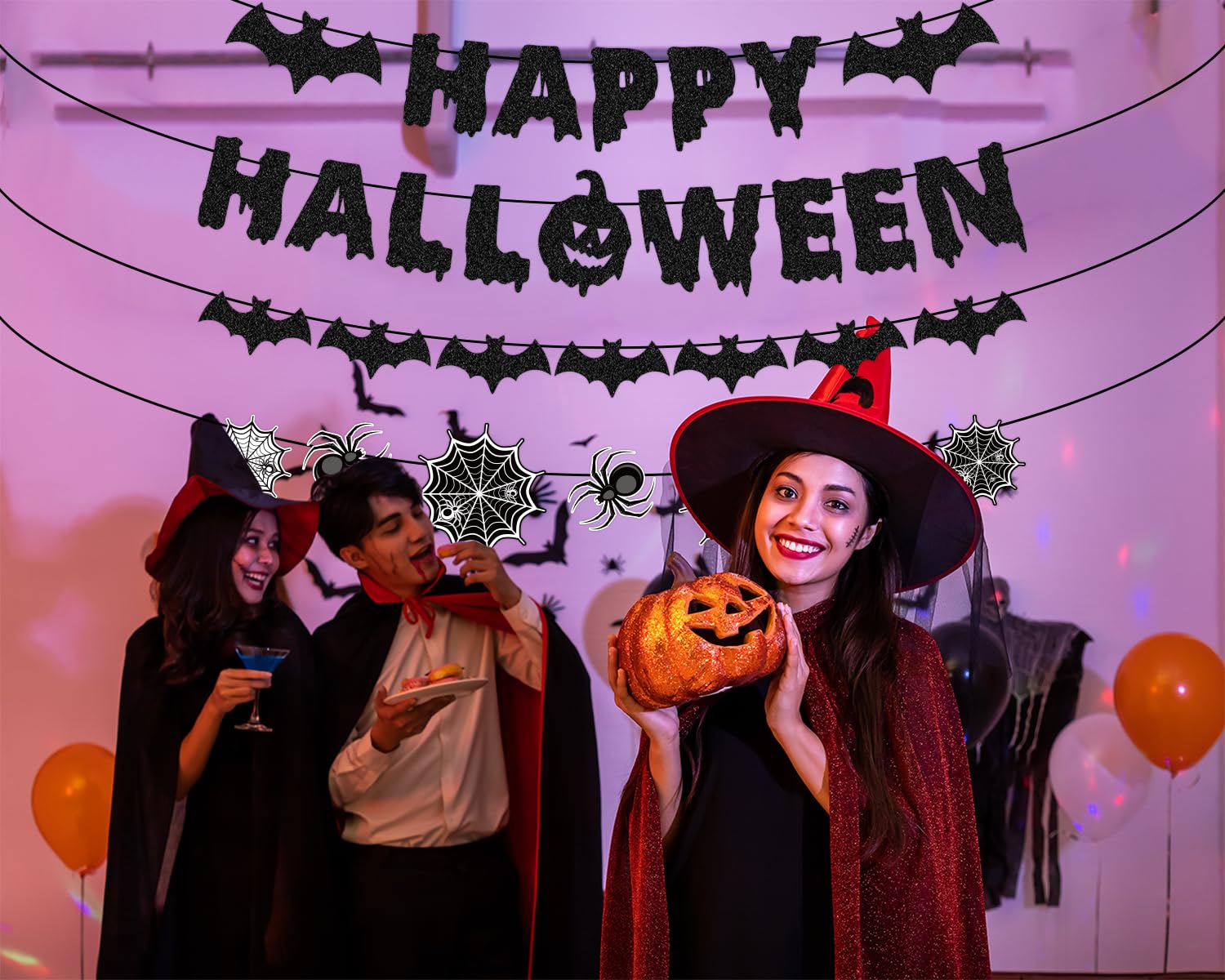 Happy Halloween Banner, NO-DIY Spider Web Halloween Decorations Garland Bat Garland Black Glitter Halloween Banner, Spider Garland for Halloween Office Decorations Halloween Classroom Decorations