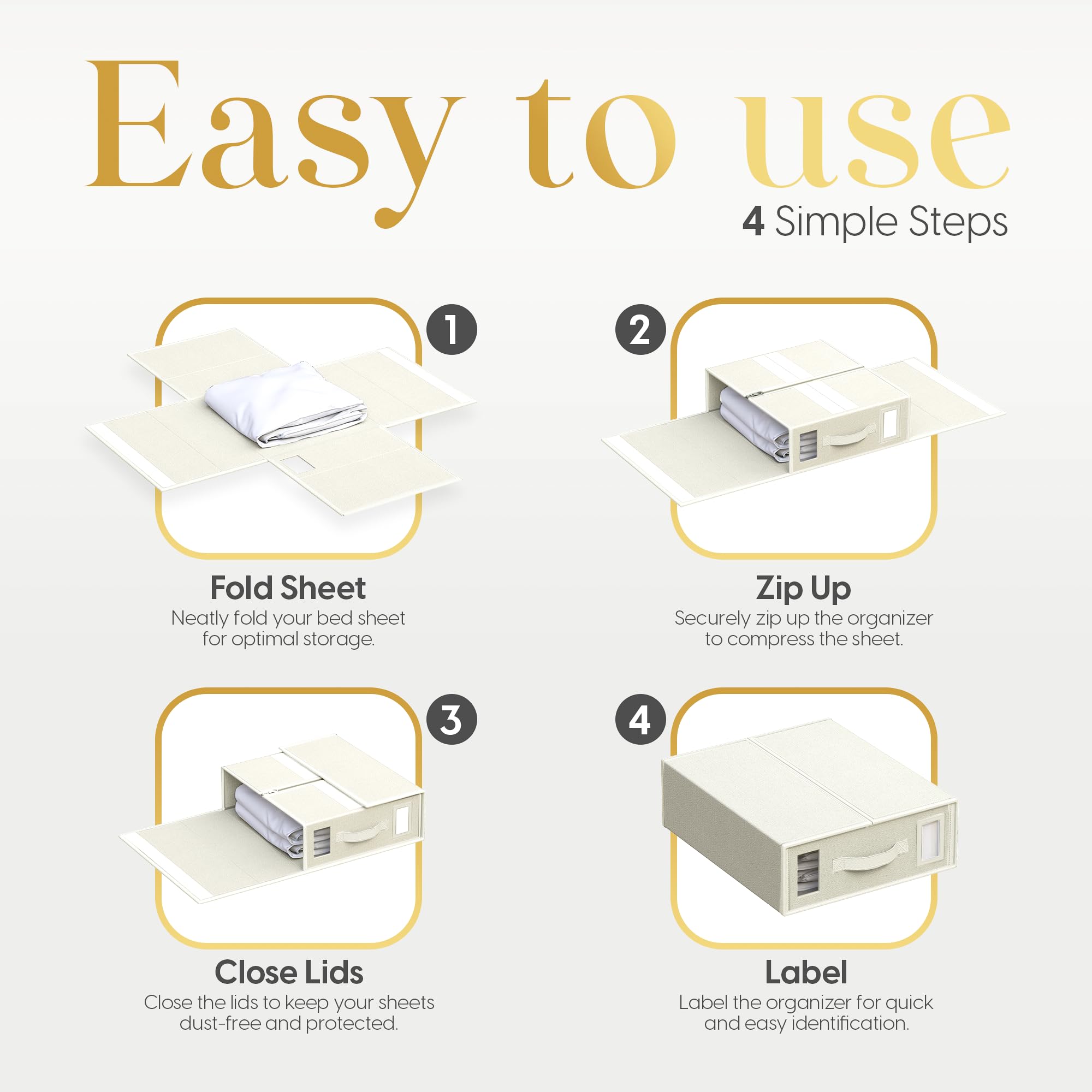 Luxury Lineup Bed Sheet Organizer 4 Pack, Foldable Linen Closet Organizers and Storage, Sheet Organizer Queen & King Size, Bedding Storage Box for Bedsheets, Duvet Covers and Pillow