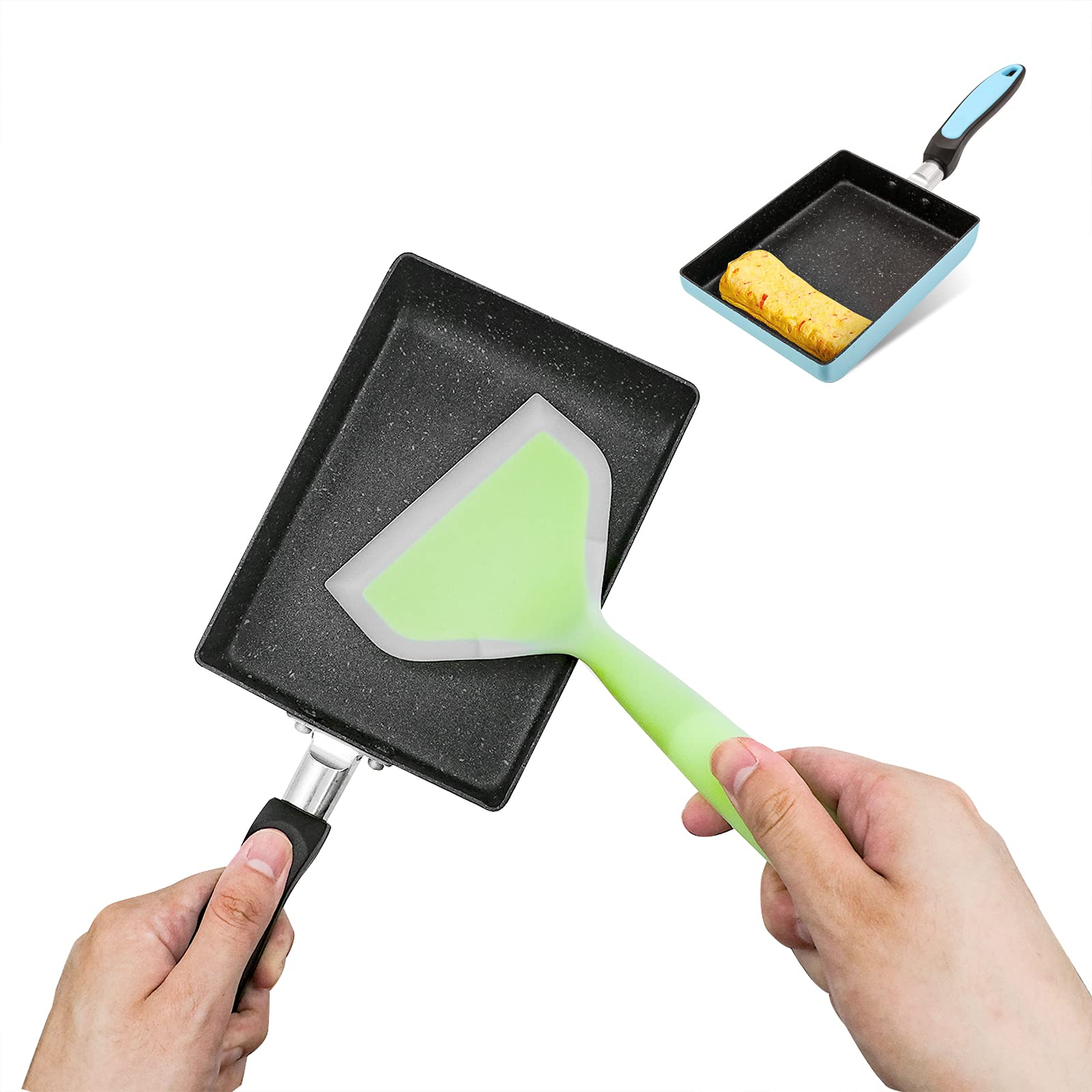 Japanese Tamagoyaki Omelette Egg Pan(blue), 7" x 6" inch Non-stick Coating Retangle Small Frying Pan, Gas Stove and Induction Hob Compatible, Dishwasher Safe, with Silicone Spatula & Brush(green)