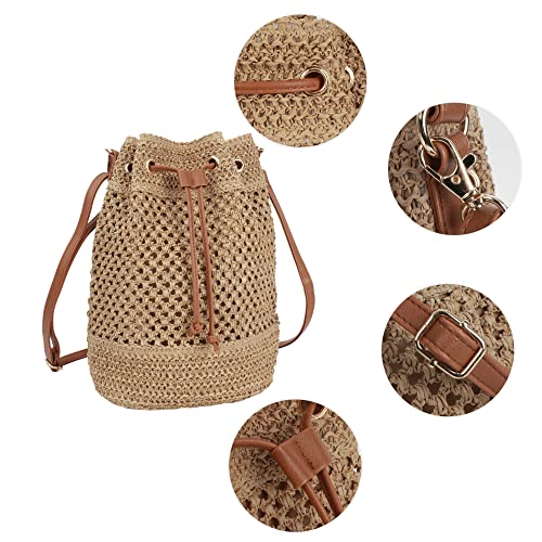Hyuyikuwol Lightweight Straw Crochet Drawstring Bucket Bag Beach Bag Hollow Out Shoulders Bag for Women One Size